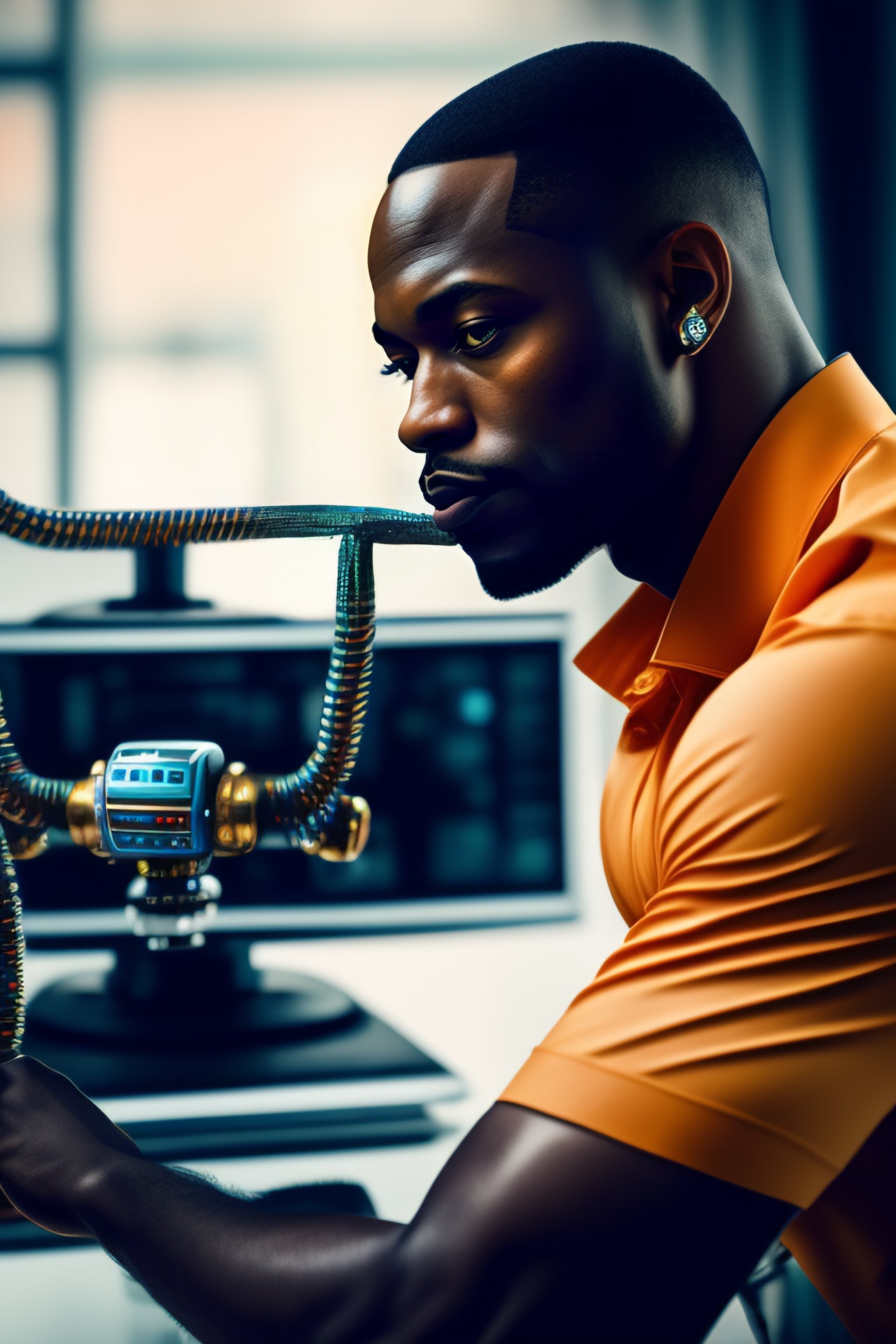 Lexica - Bald african american man commanding a robot to use computer ...