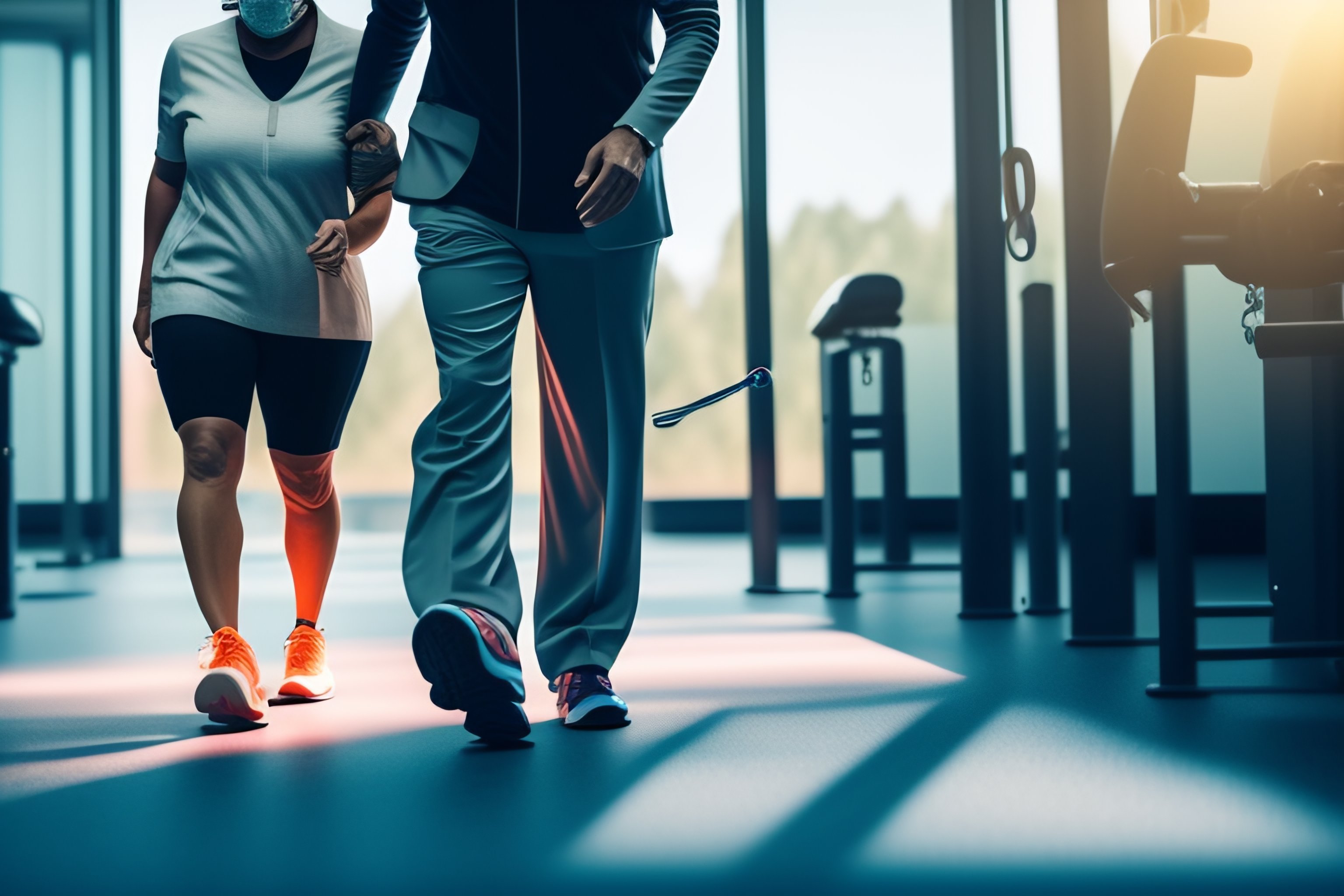 Lexica - Doctor of physical therapy helping a patient walk using equipment