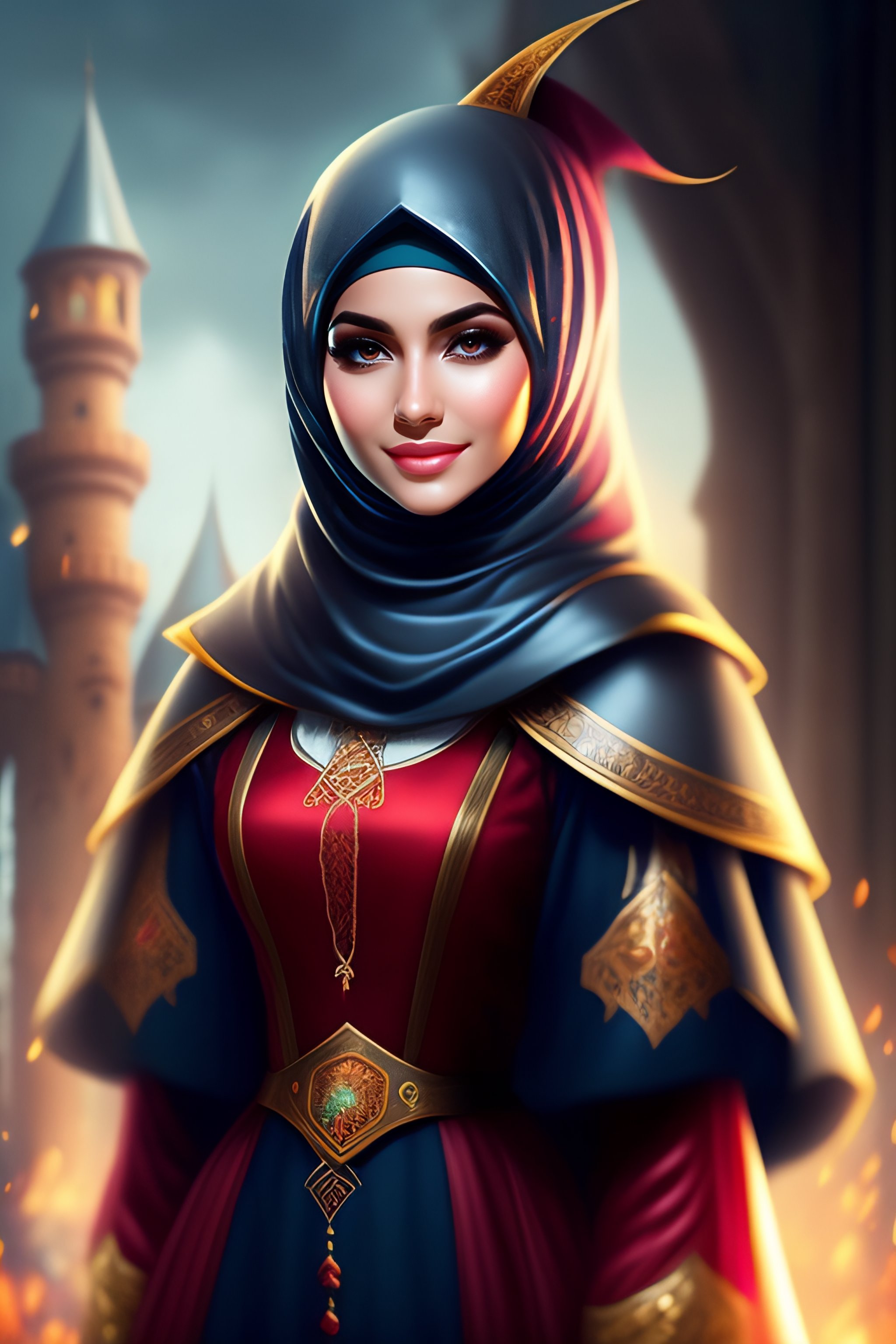 Lexica - Cute hijab girl wearing medieval mage scholar clothing