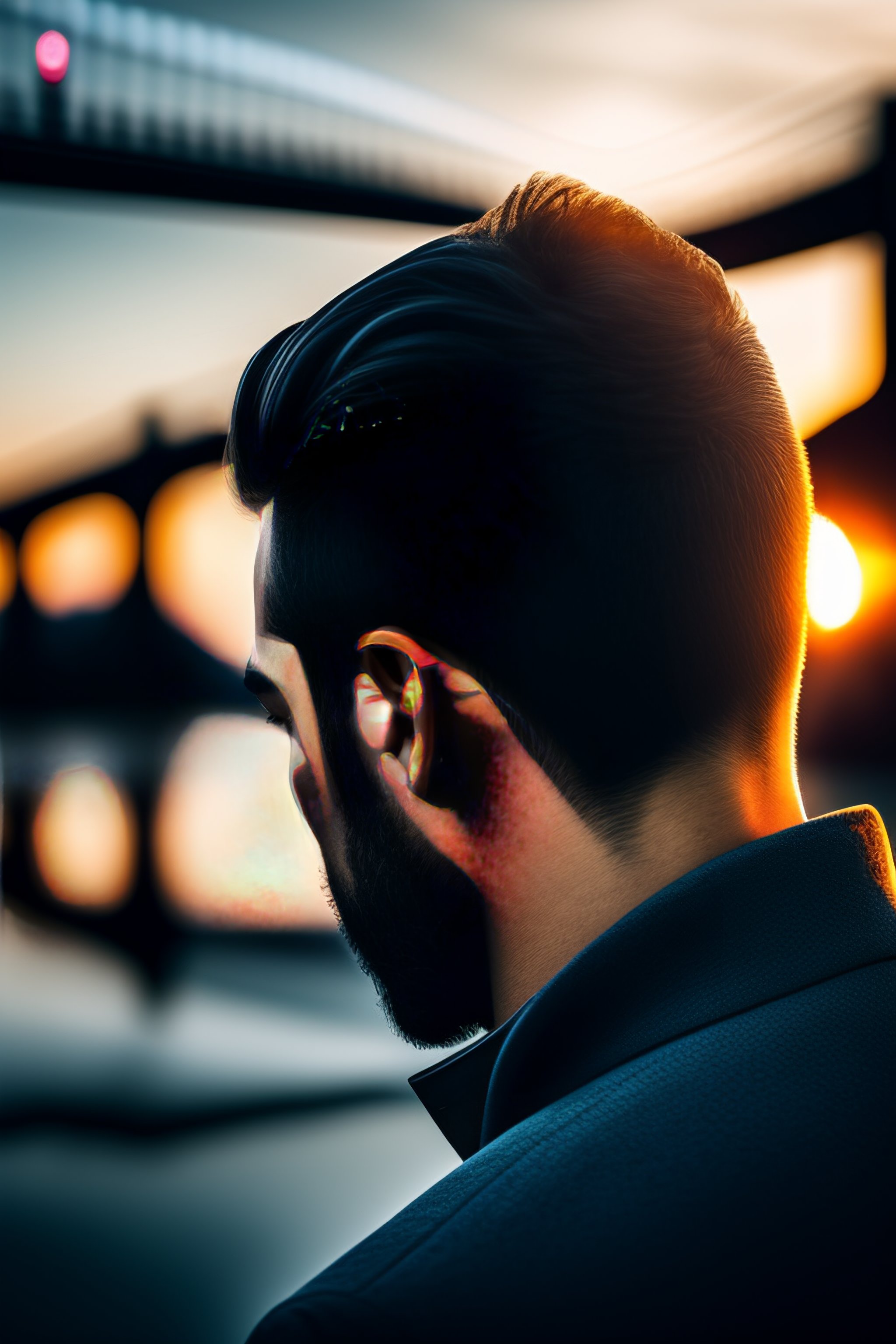 Lexica - Close up back of head shot of a man facing the water on a bridge