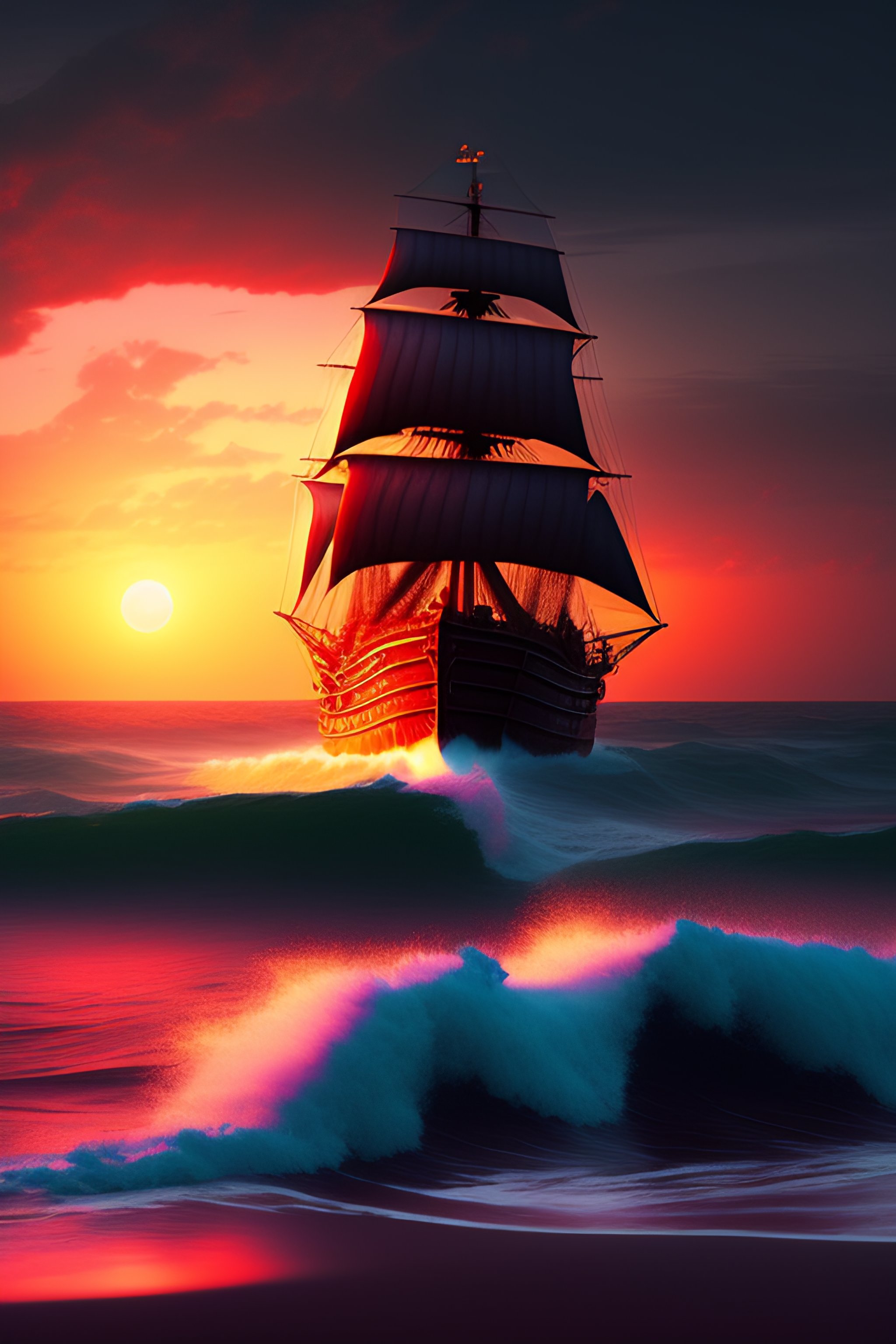 Lexica - Pirate ship on a stormy sea at sunset, red sky, digital art ...