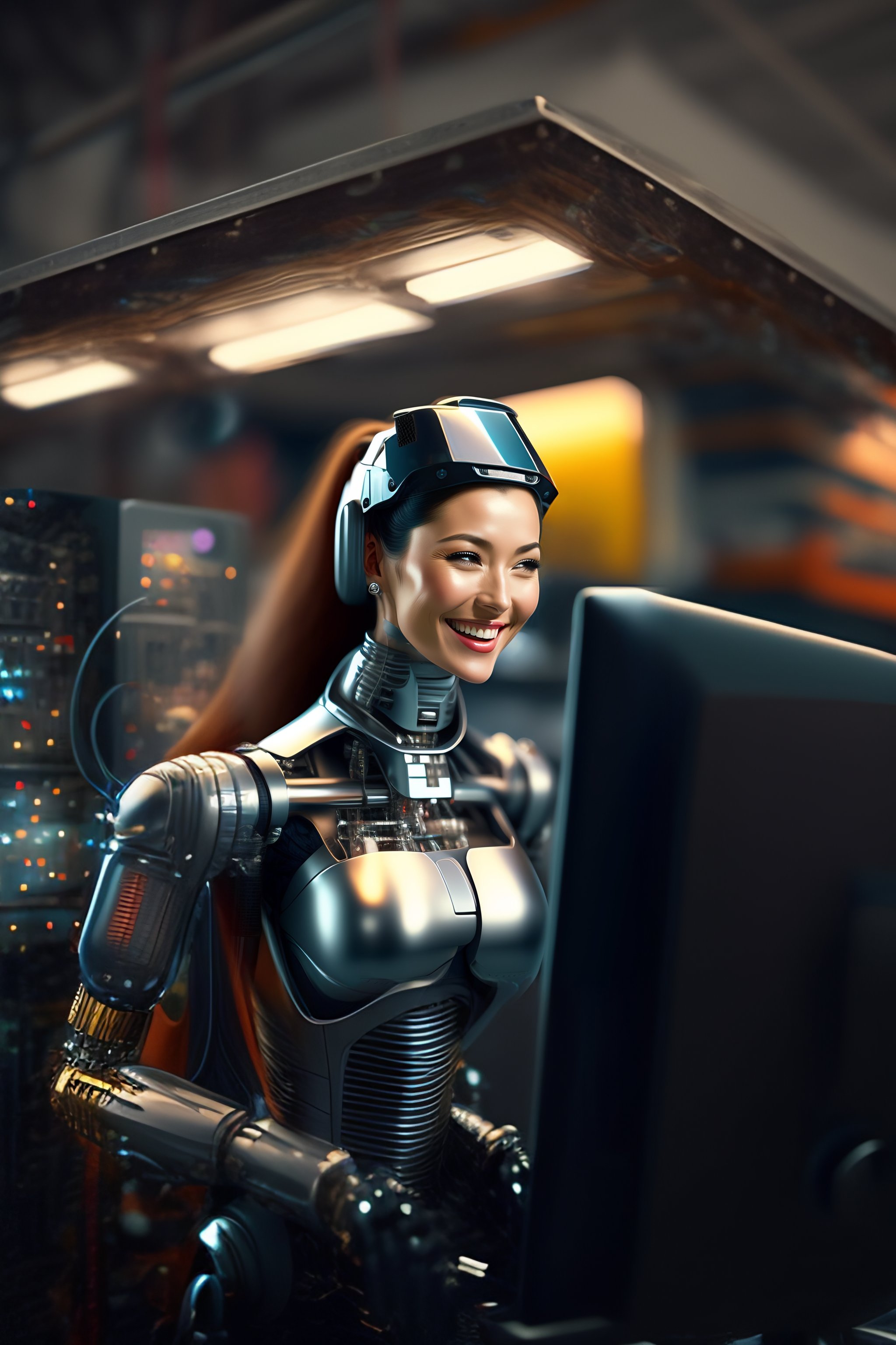 Lexica - High-resolution female robot working on a computer laughing ...