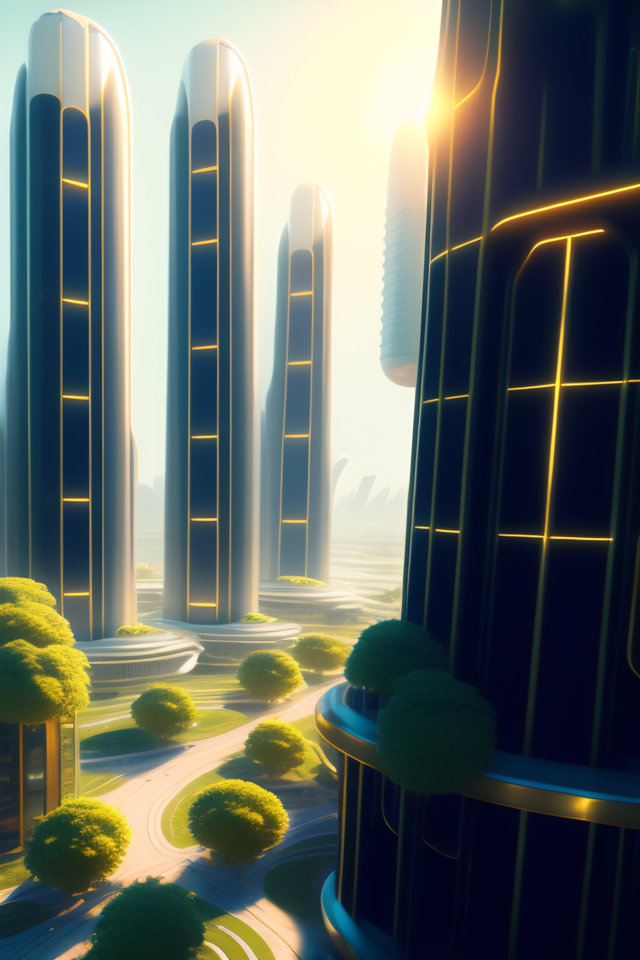 Lexica - Futuristic utopian city, central hub, spiral white buildings, golden sunset, research ...