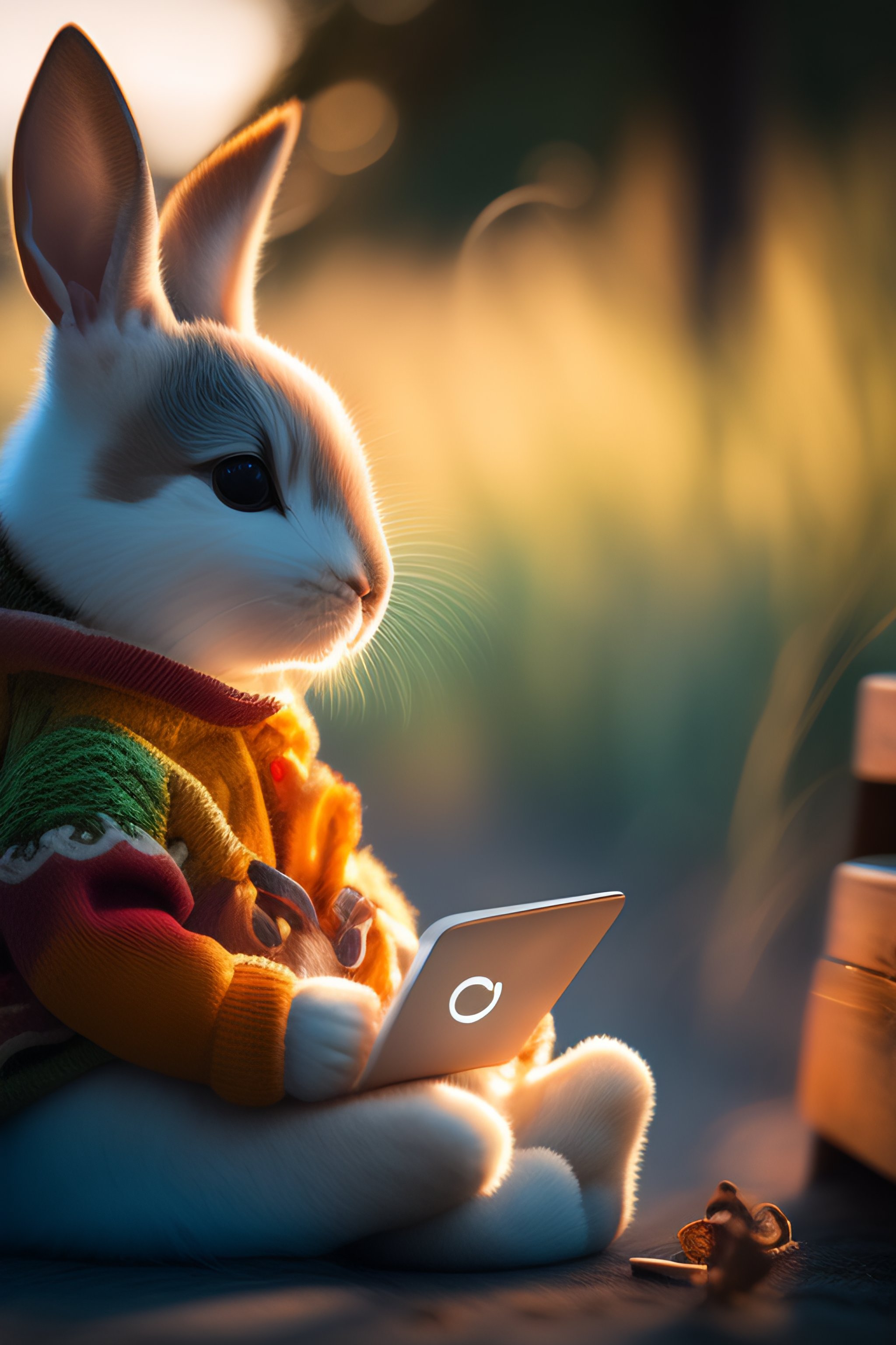 Lexica - Bunny robot working on a tablet and sitting in the front of ...
