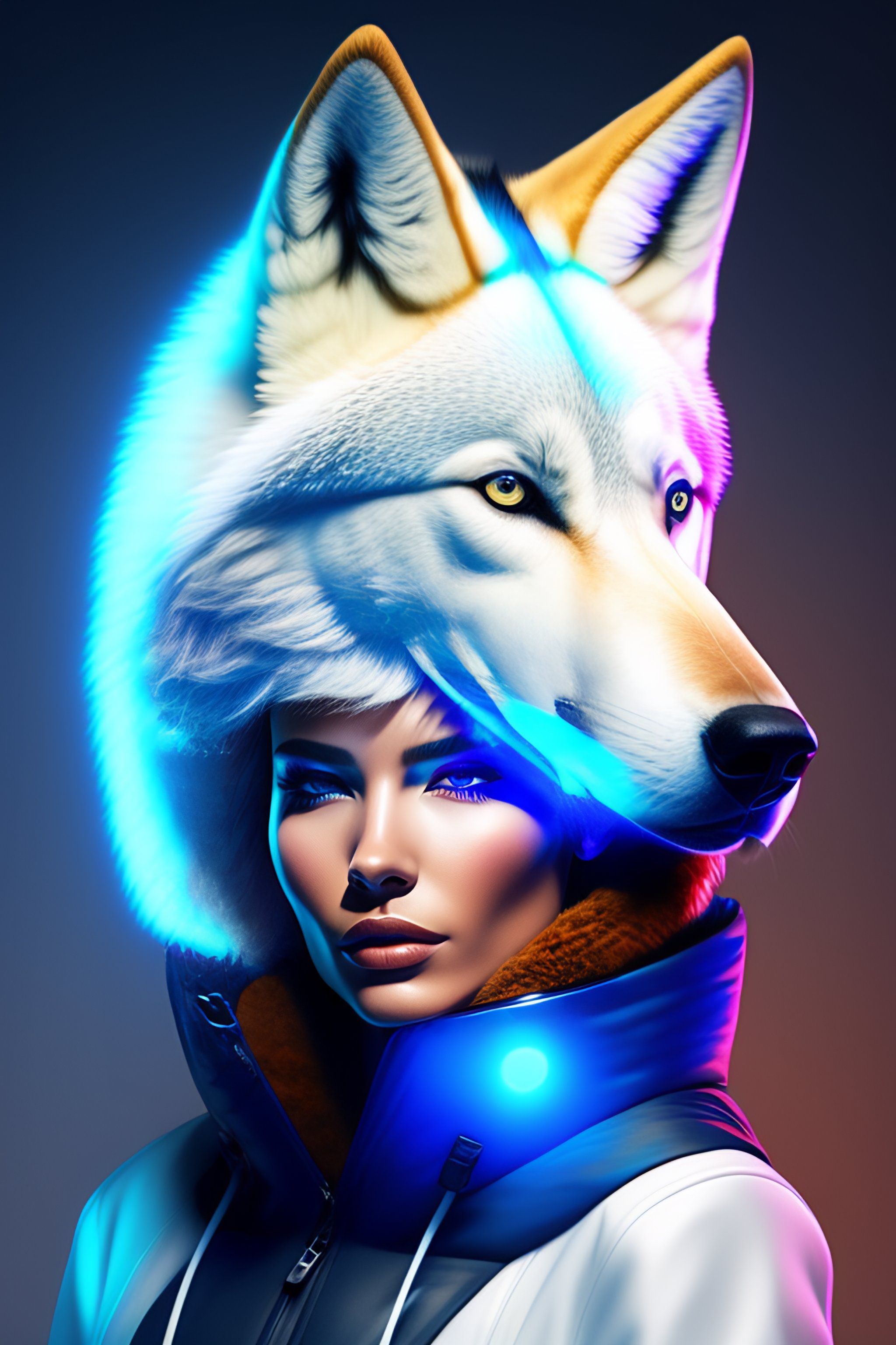 Lexica - White protogen with wolf white fur, and glowing blue headphone