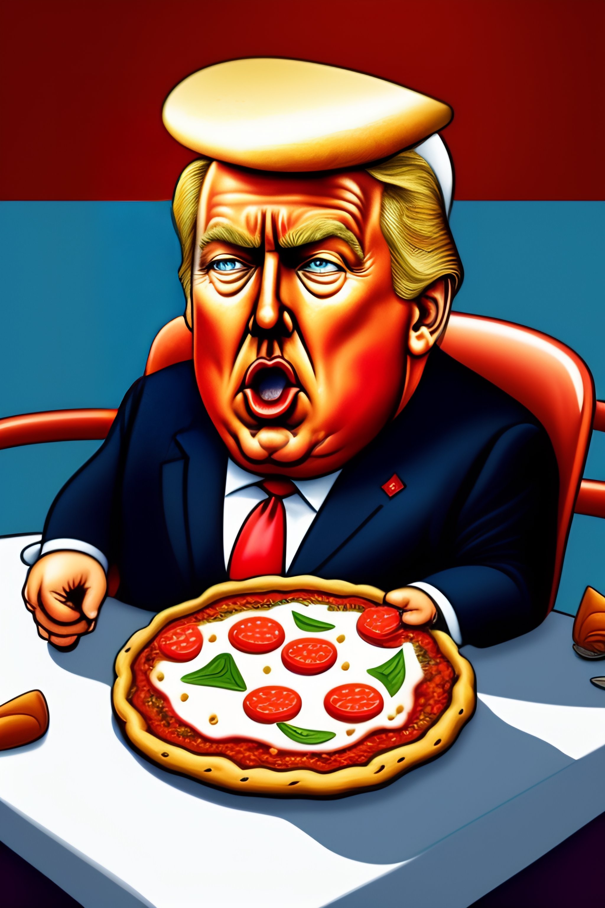 Lexica - Children's book illustration of Donald Trump eating a pizza