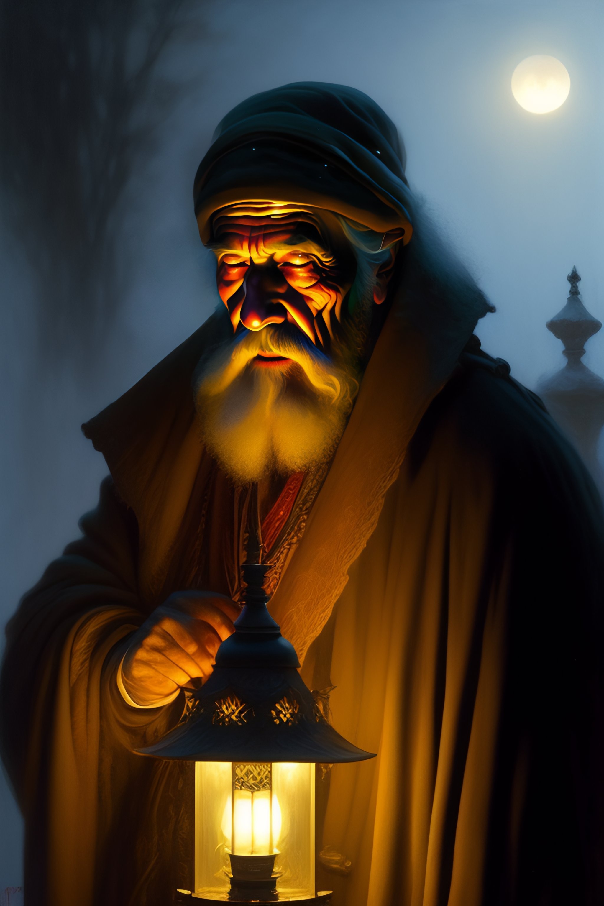 Lexica - An old decayed hermit holding a lamp in the dark foggy night ...