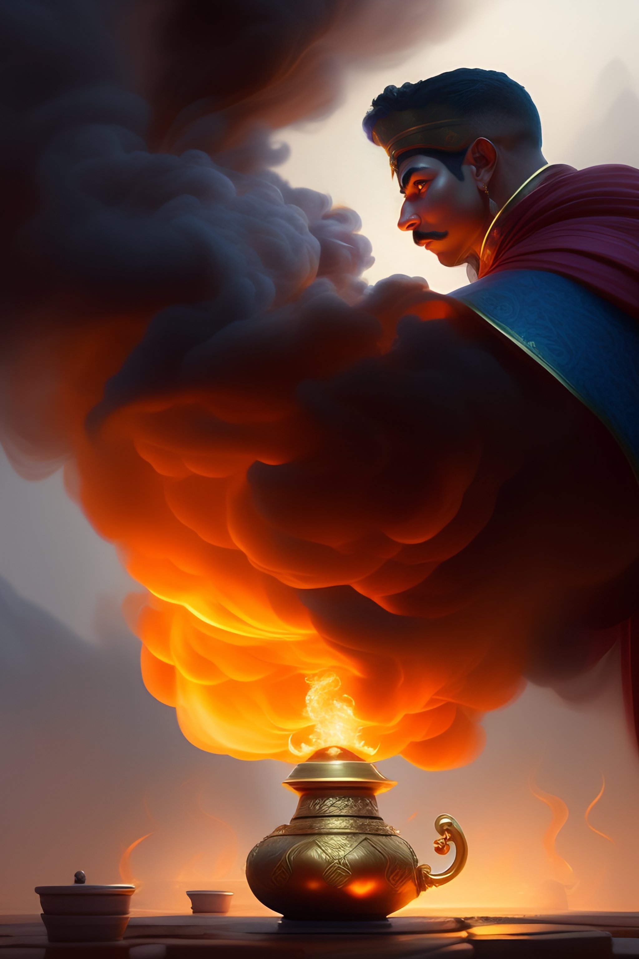 Lexica - A magic lamp from which a genie emerges, powerful genie in a cloudy smoke tornado, by ...
