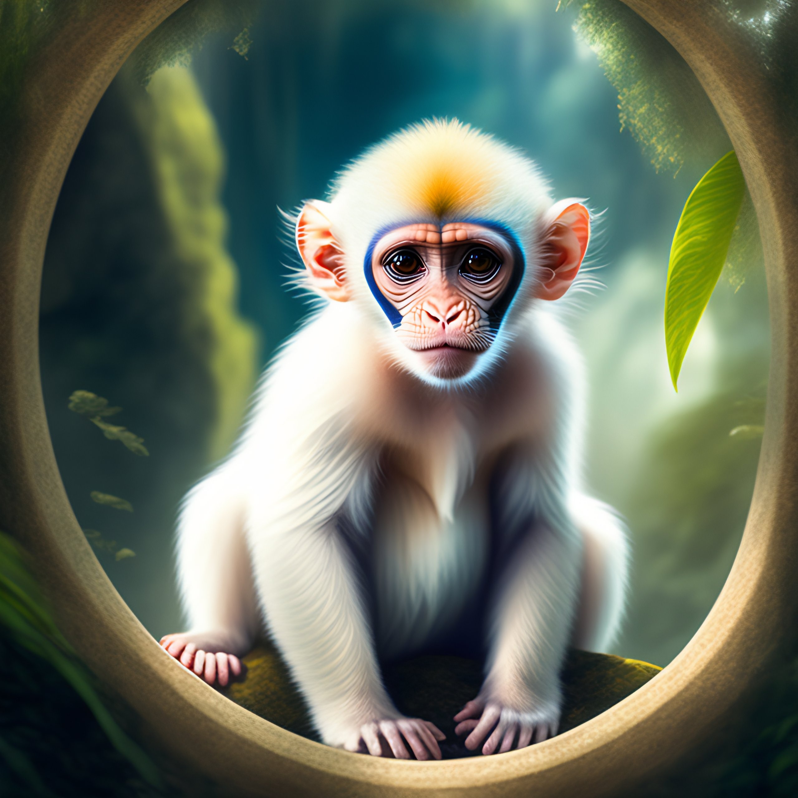 Lexica - Young white langur monkey with white crzay hair and light blue skin, facing the wiever ...