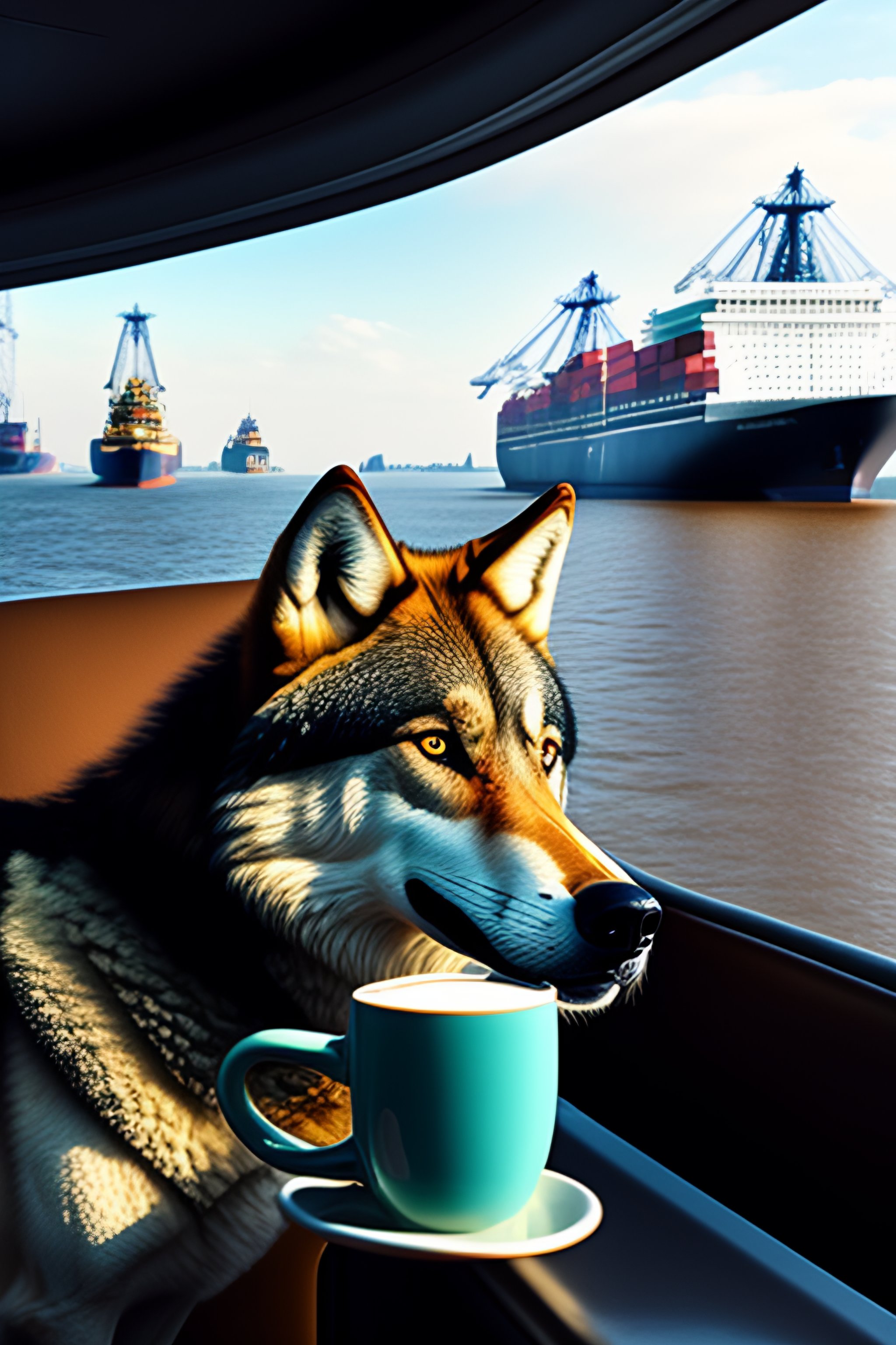 Lexica - Wolf drinking coffee and looking at big ships near a port in ...