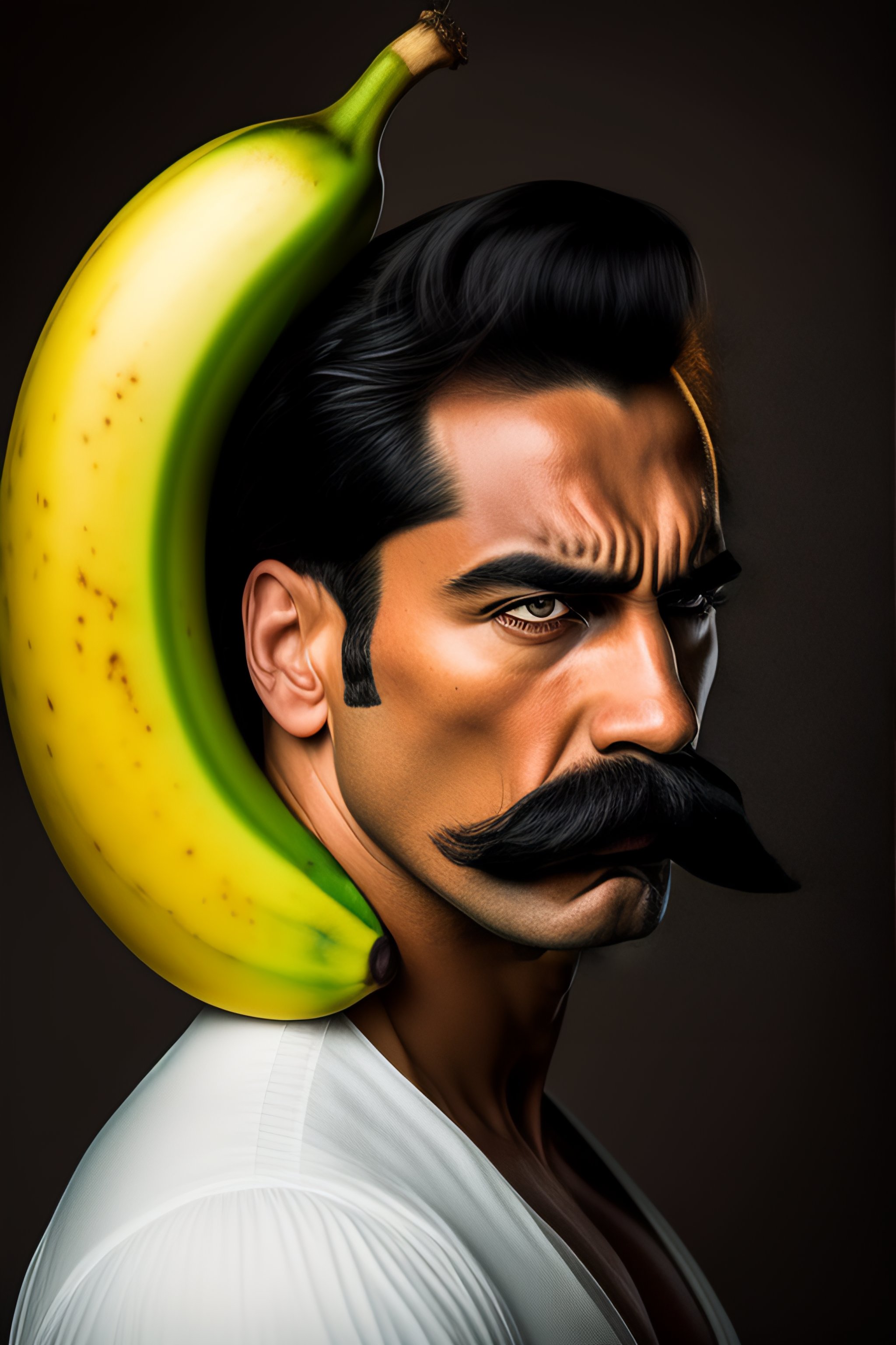 Lexica - Portrait of a man with a mustache looking angry at a banana