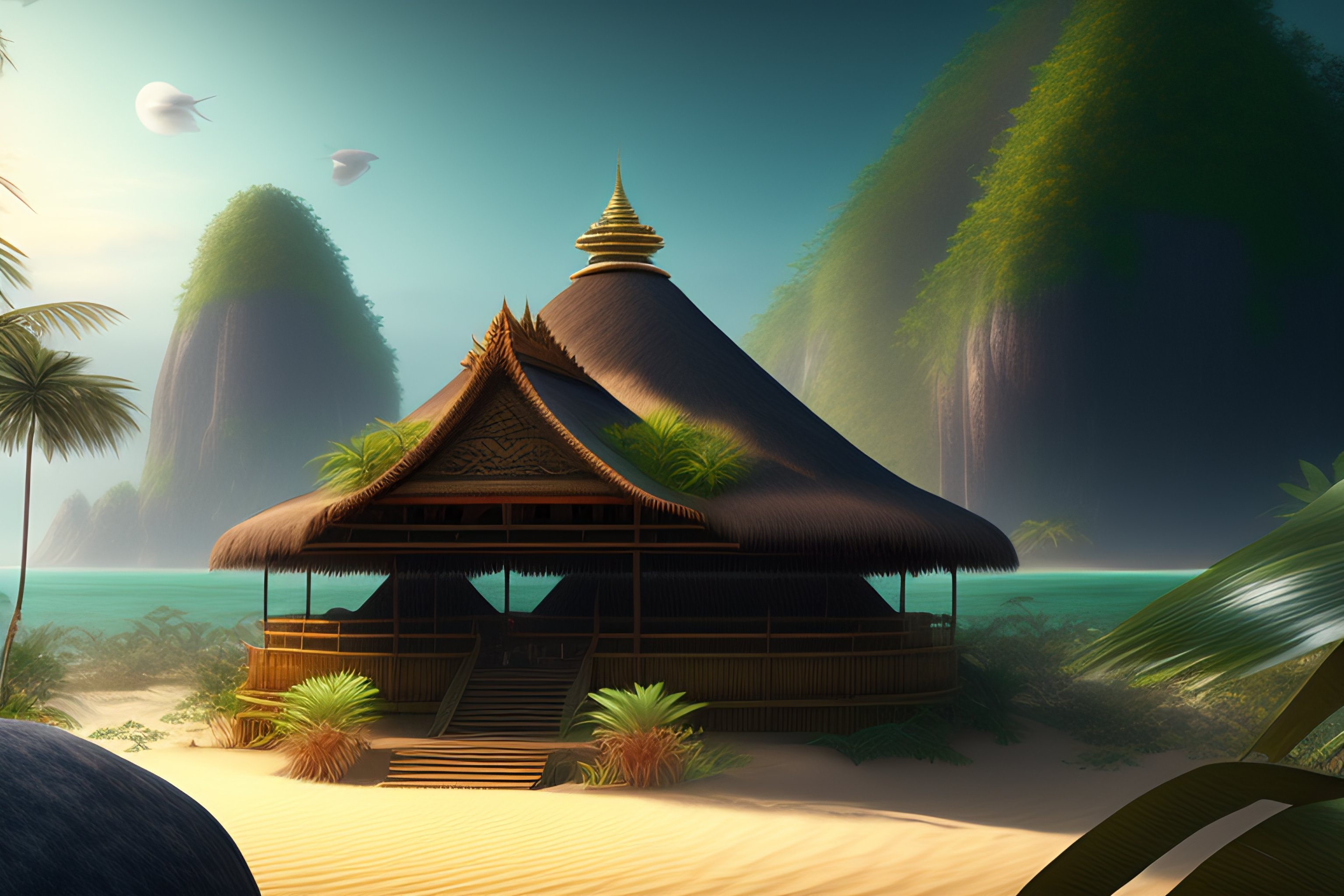 Lexica - Giant hut bamboo temple on tropical island beach yucca giant ...