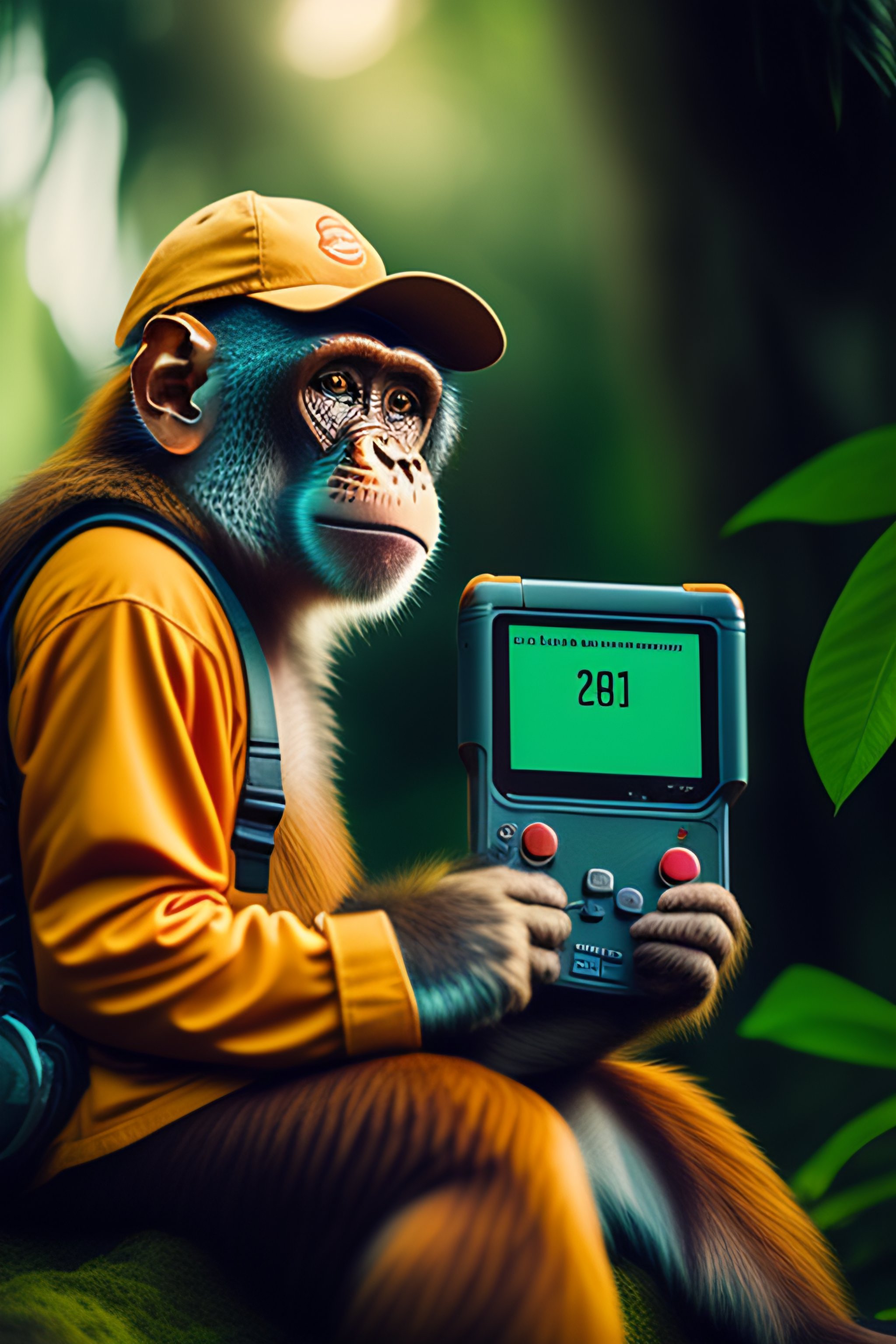 Lexica - A monkey playing a gameboy in the jungle