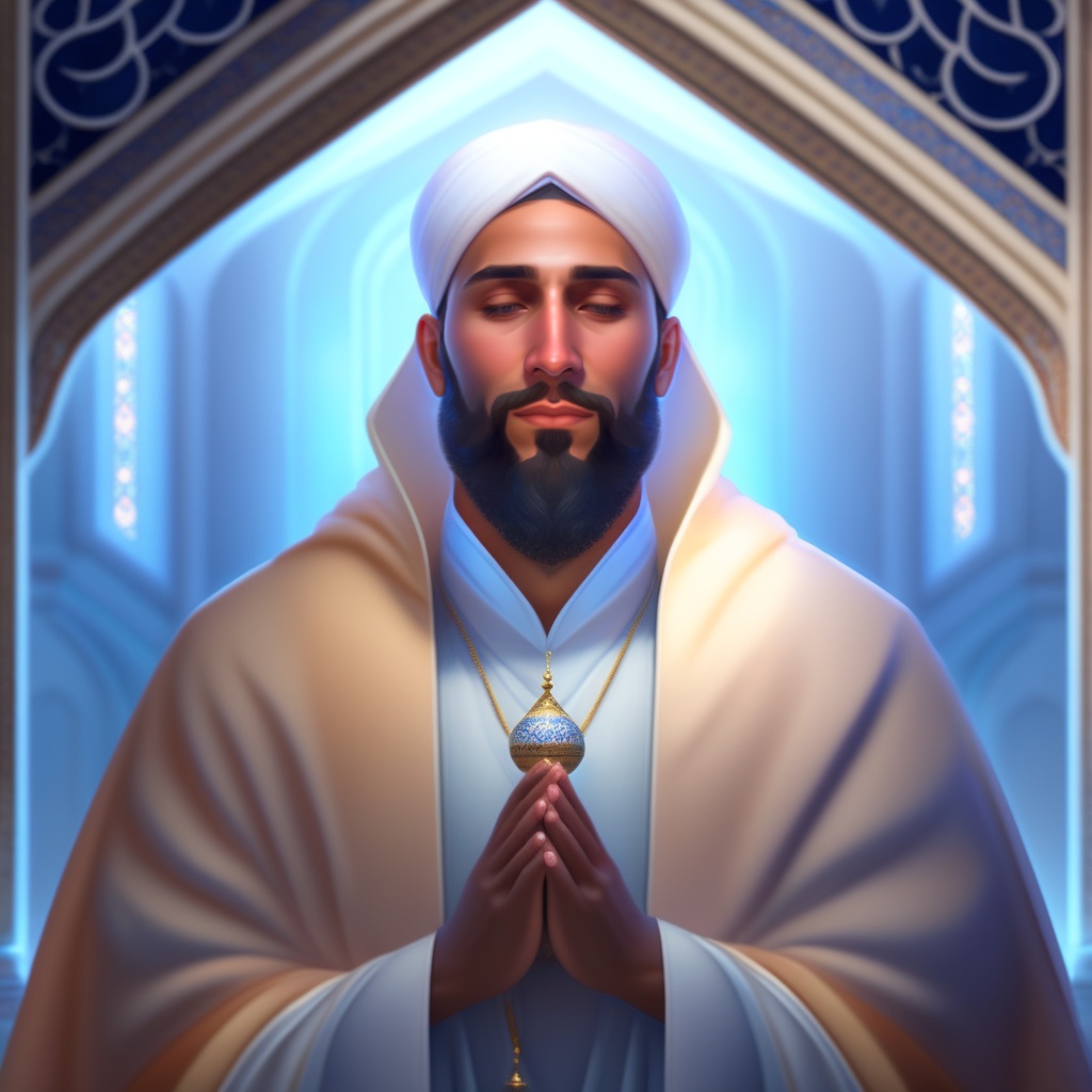 Lexica - A handsome mosque imam, aged 35, with a short beard, clad in a ...