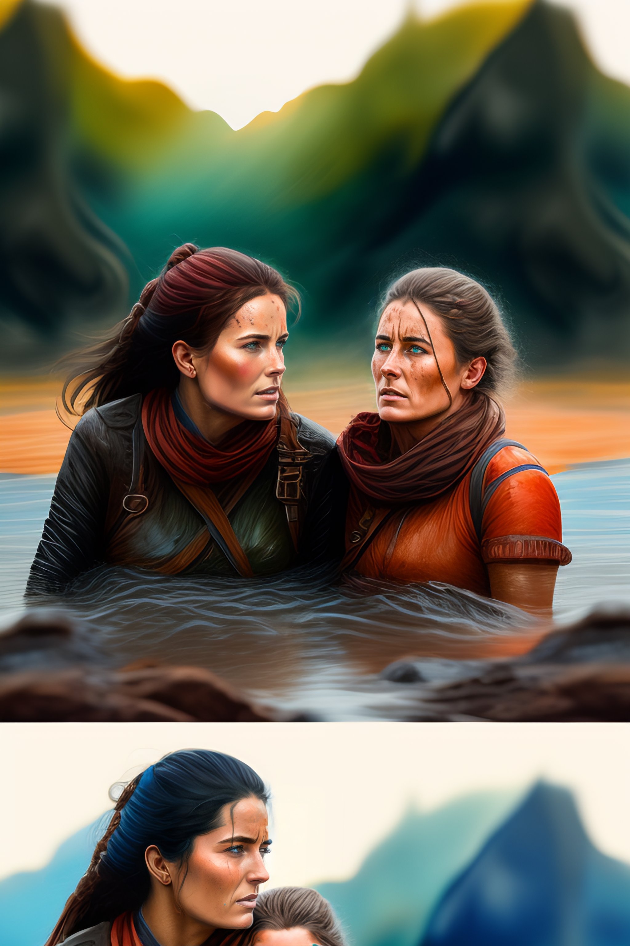 Lexica - Coloured sketch art style, 2 scared explorer women sinking in ...