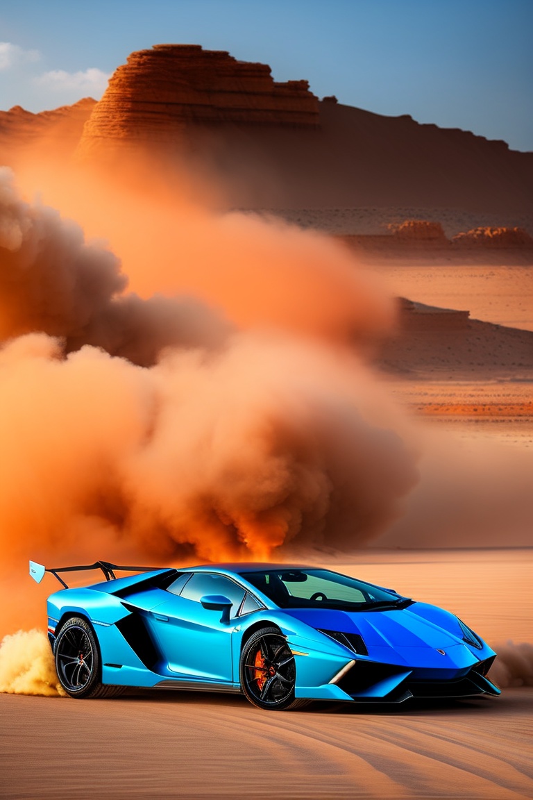 Lexica - Azure blue lamborghini, planet with sand storm