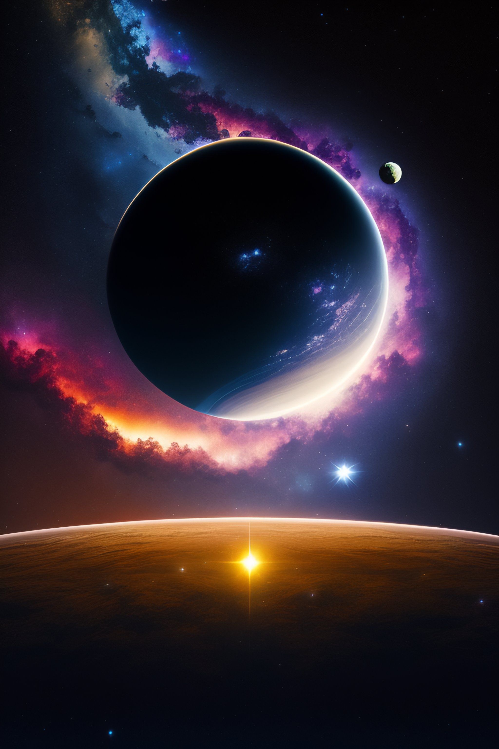 Lexica - Galaxy visible from earth with trees and other planets