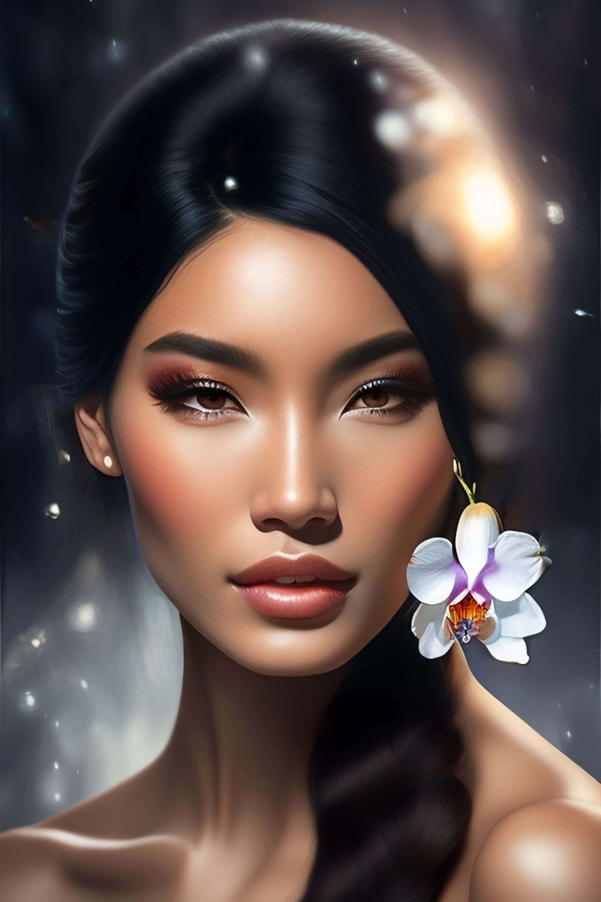 Lexica - (stunning:1.5) woman with (long:0.6) black hair cascading down ...