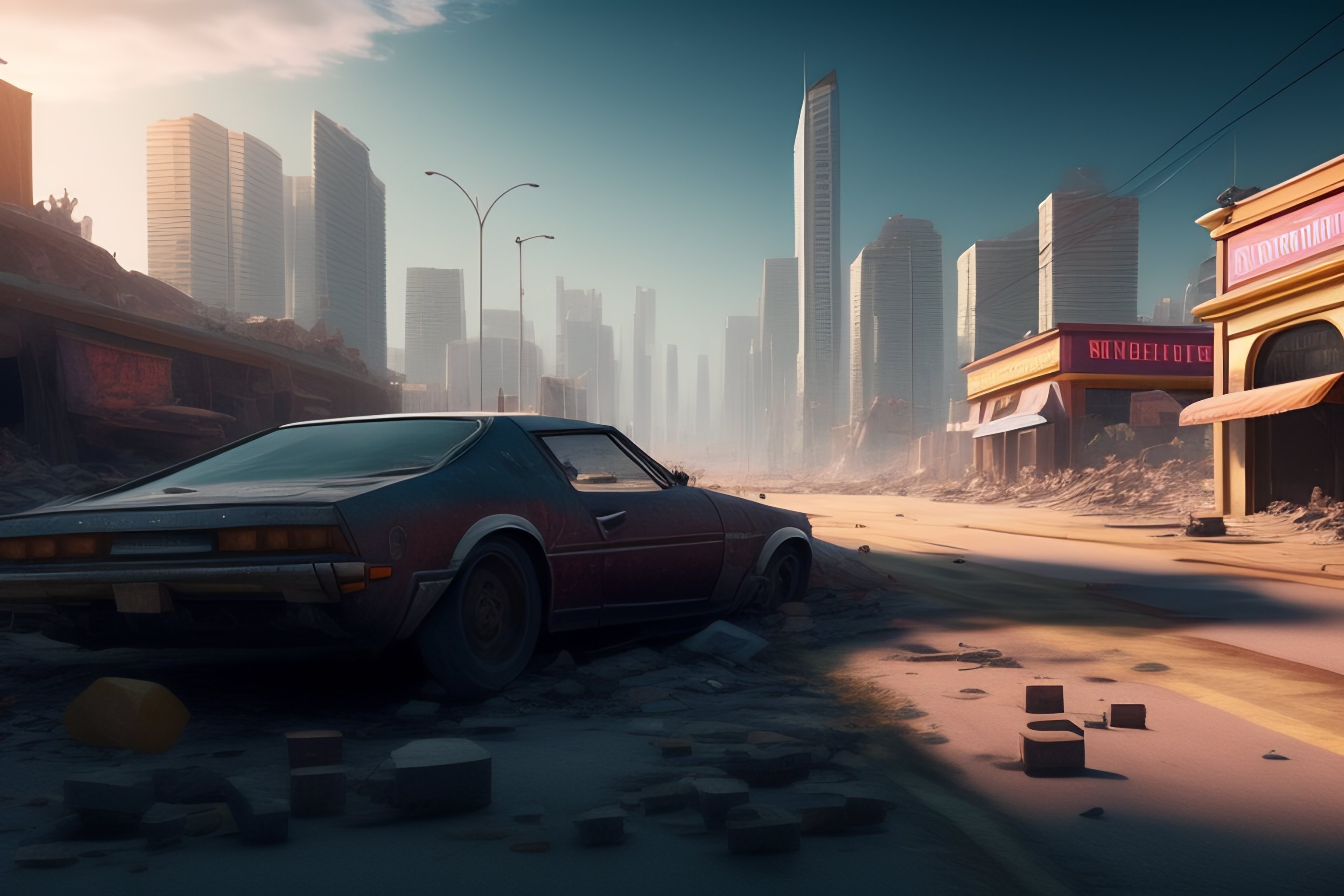 Lexica - A city with lots of broken buildings and rubble and damaged ...