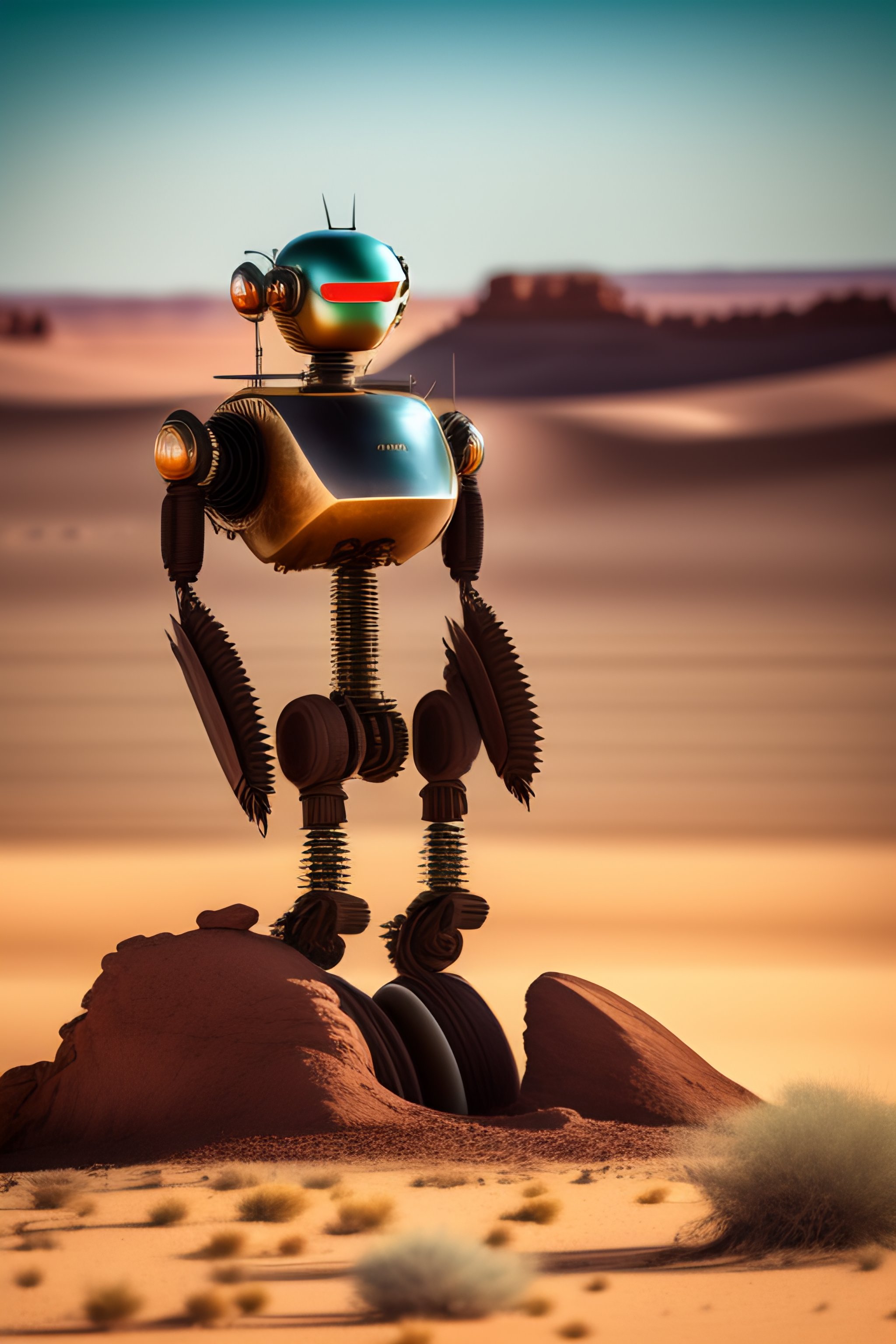 Lexica - Super frail alien model clinging to manly robot in the desert