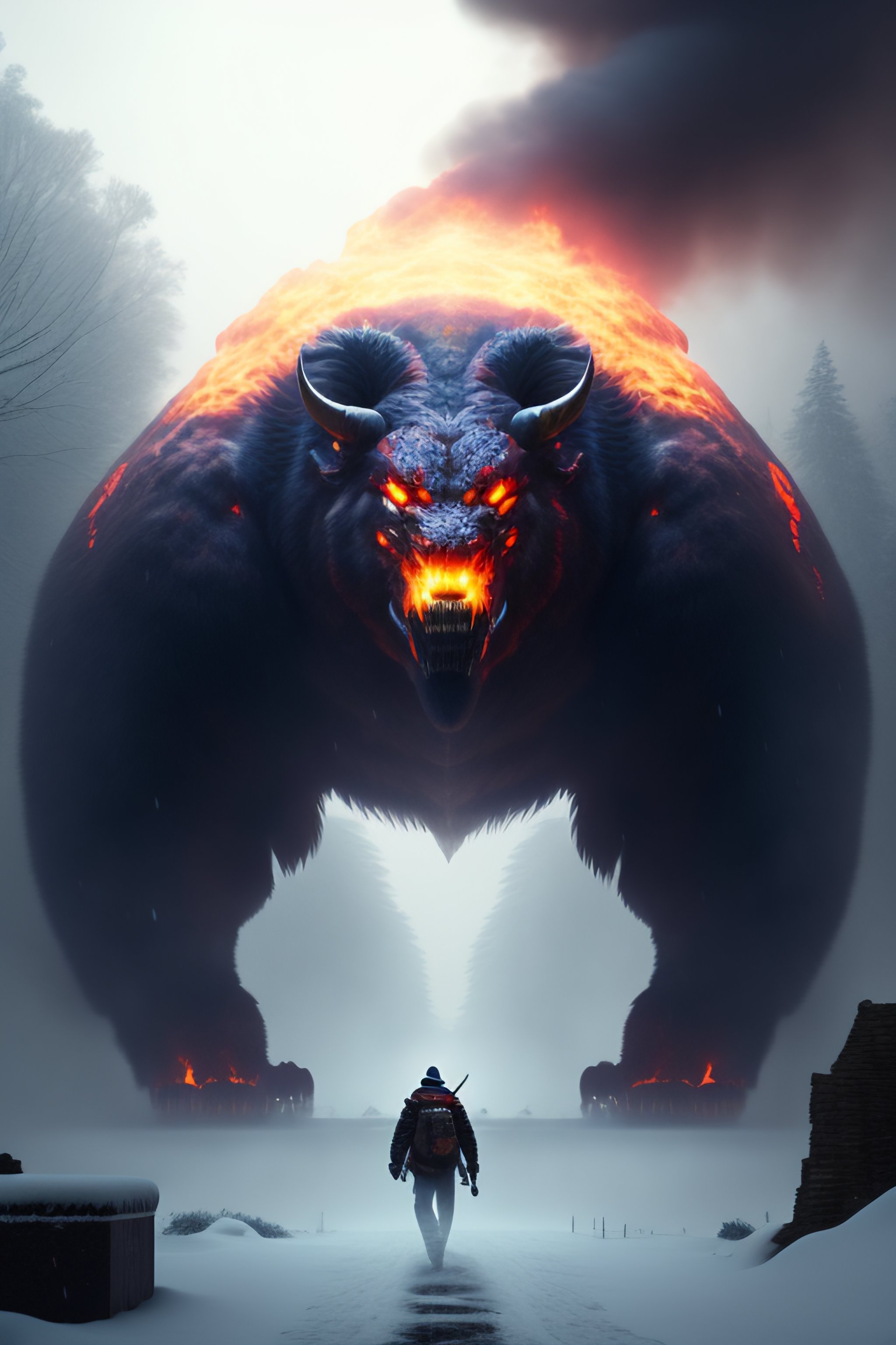 Lexica - A large fire beast chases a man who is trying to hide in some ...