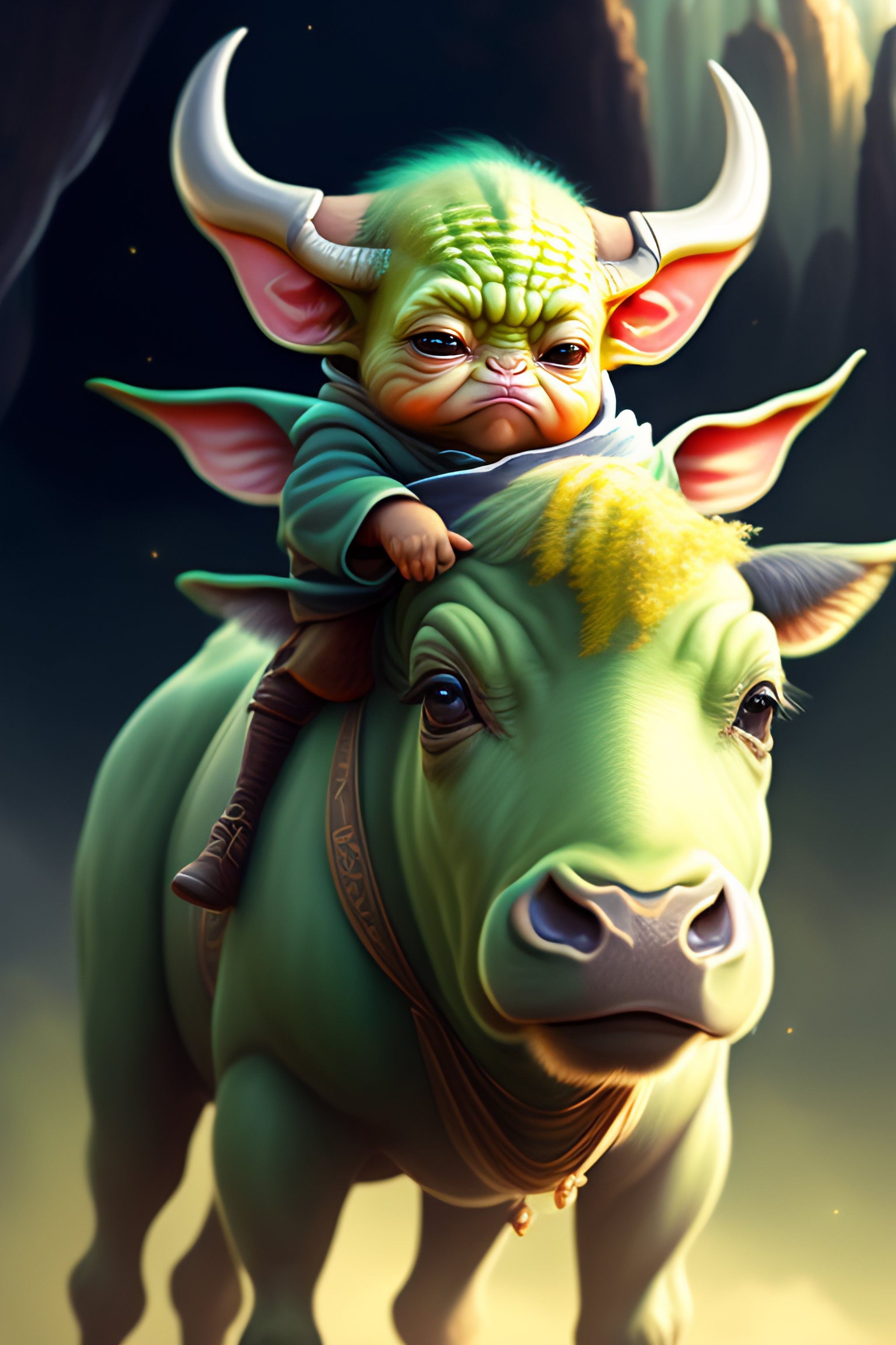 Lexica - Baby yoda looking confused riding on oppa the flying bison ...
