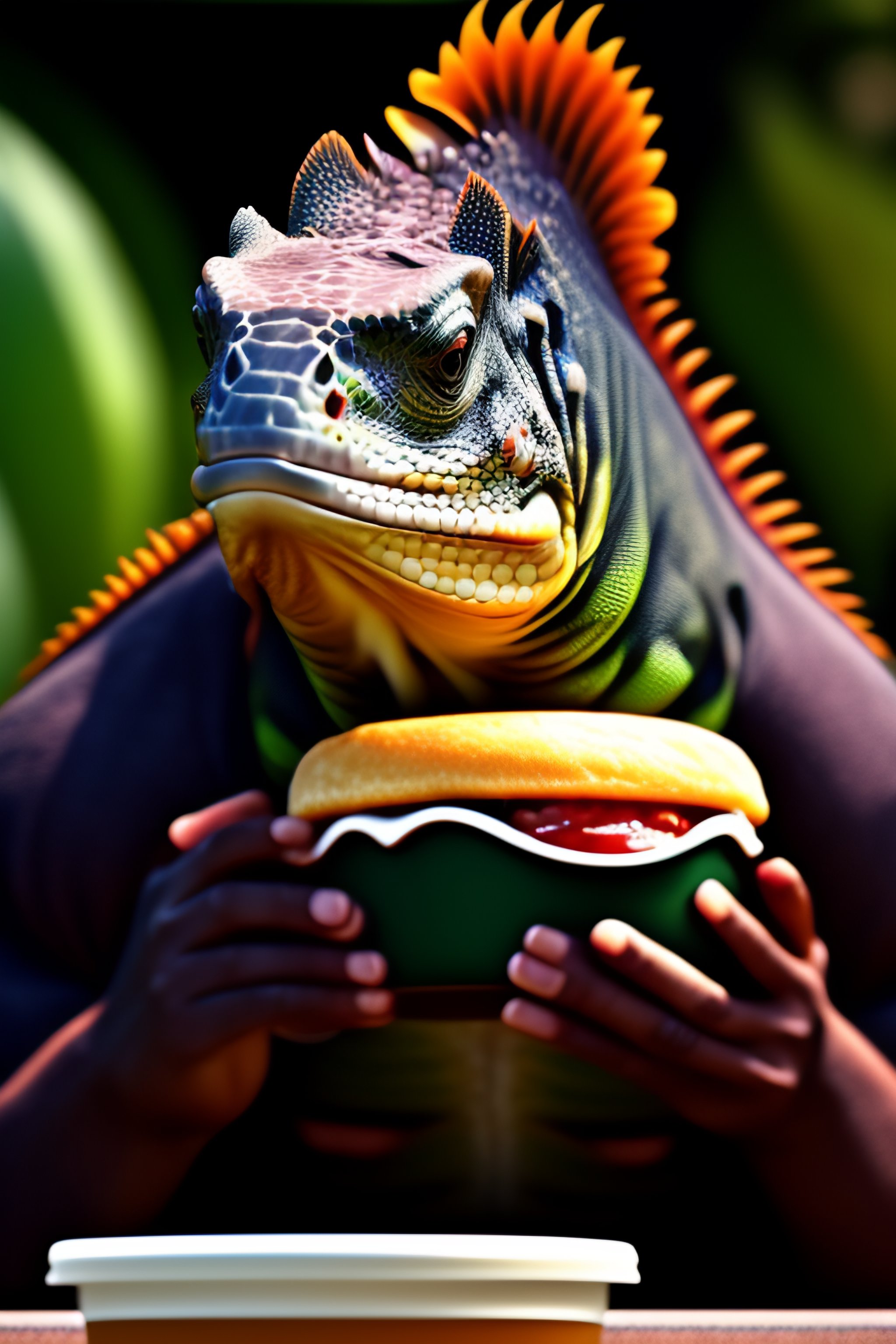 Lexica - Human iguana hybrid eating chick fil a