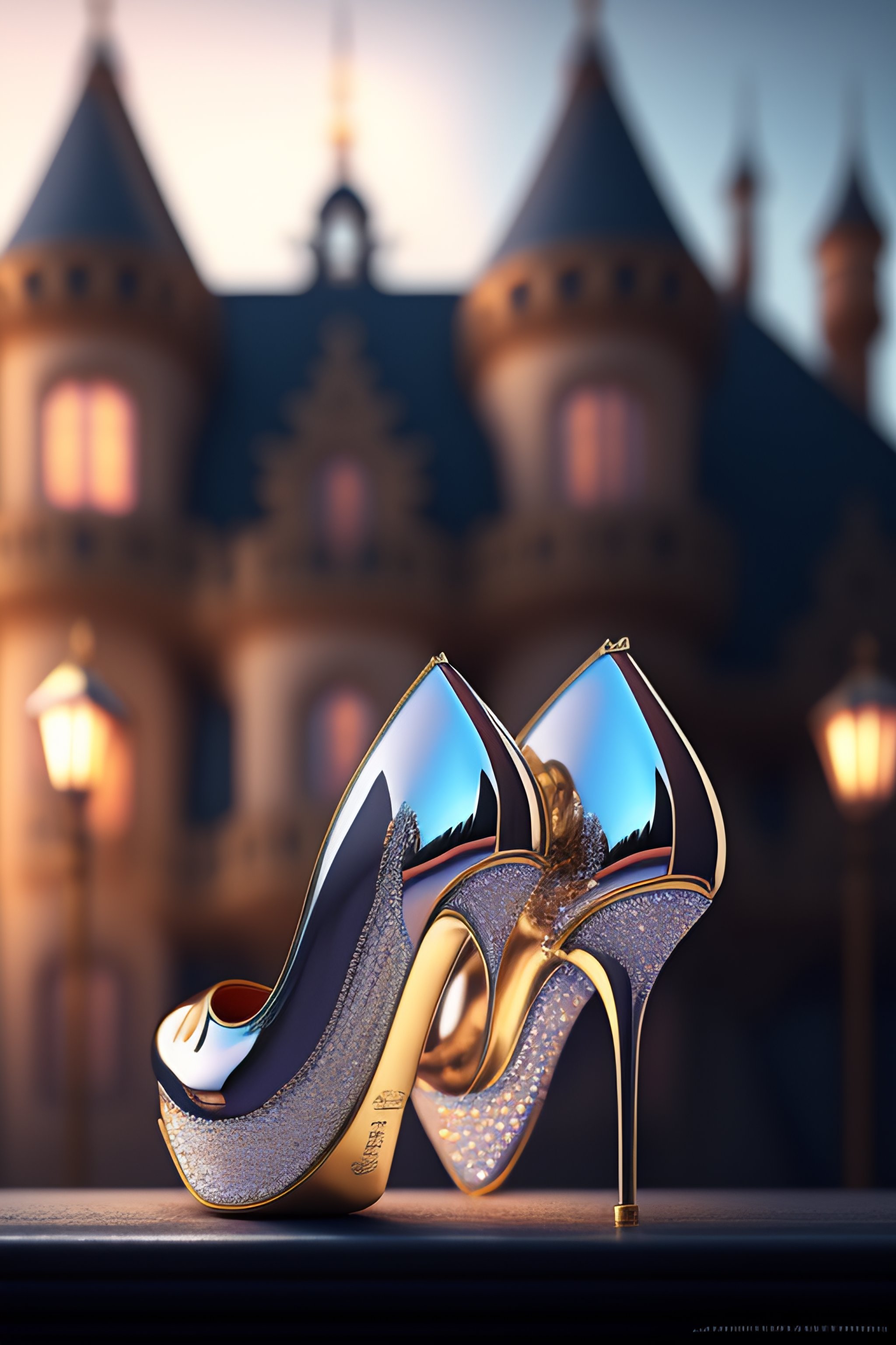 Lexica - Shiny clear high heel shoe in front of a castle, dark fantasy ...