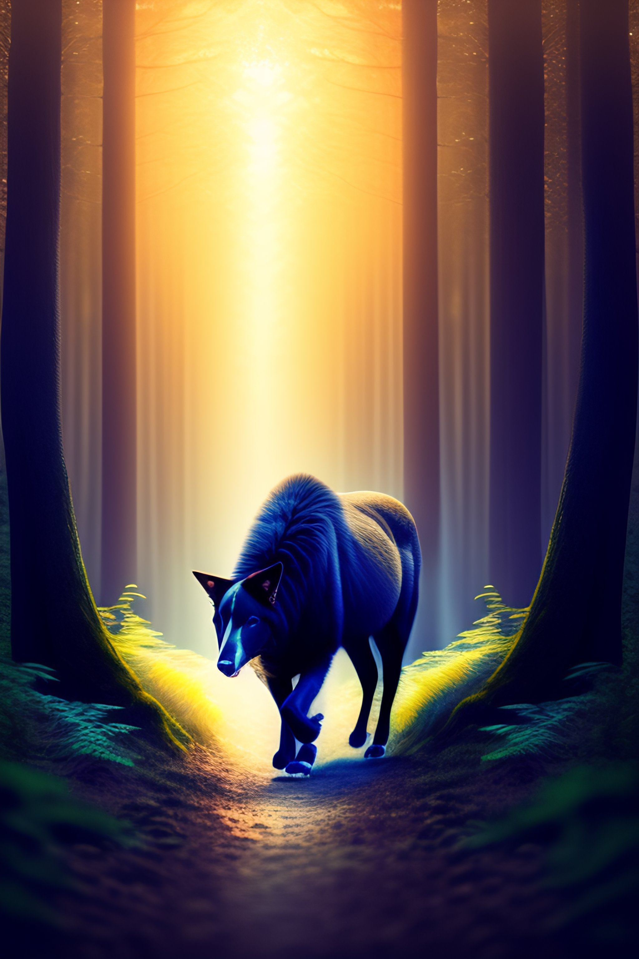 Lexica - Magical creature walks in a forest at night, stars are shining