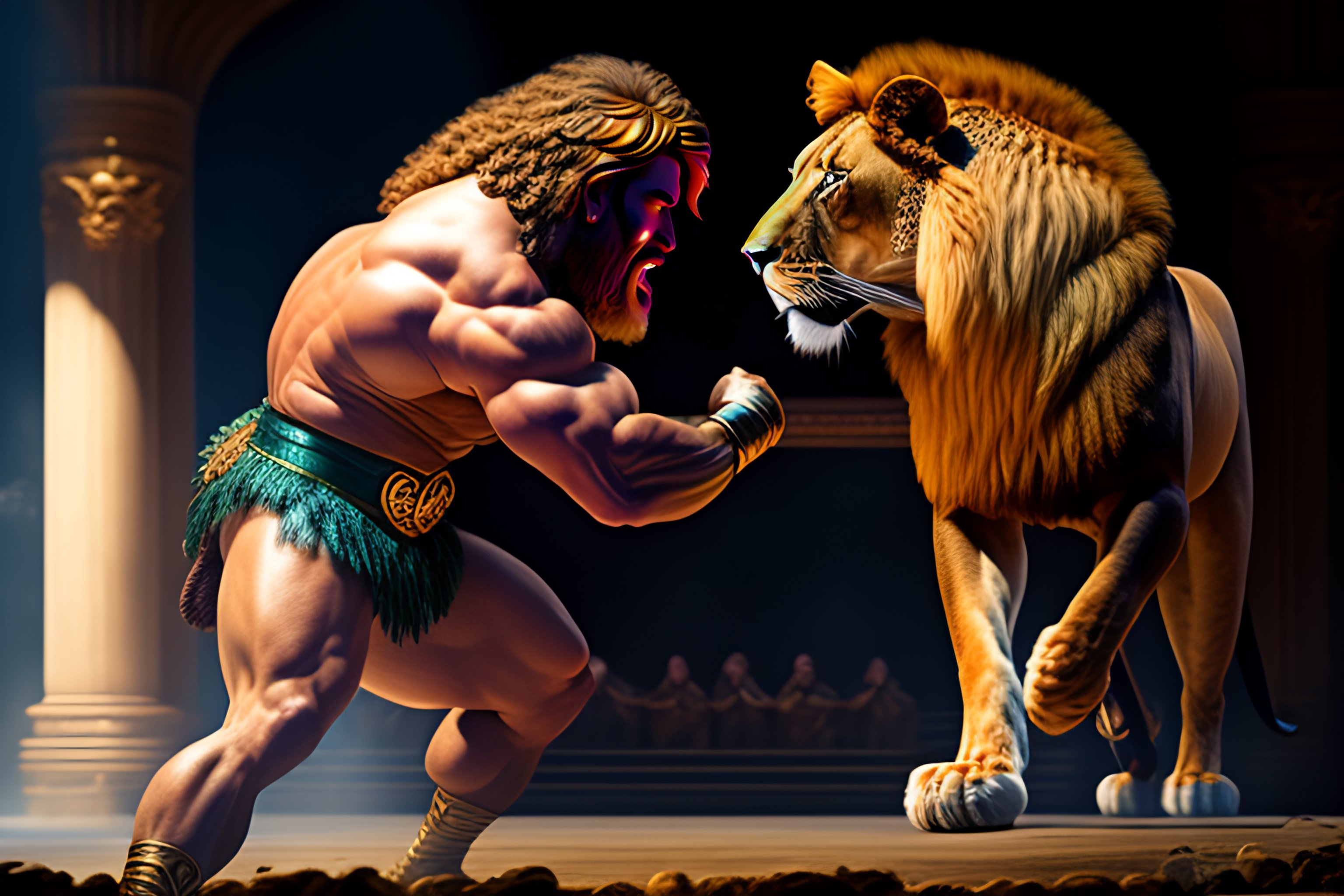 Lexica - Hercules fighting a lion in the coliseum
