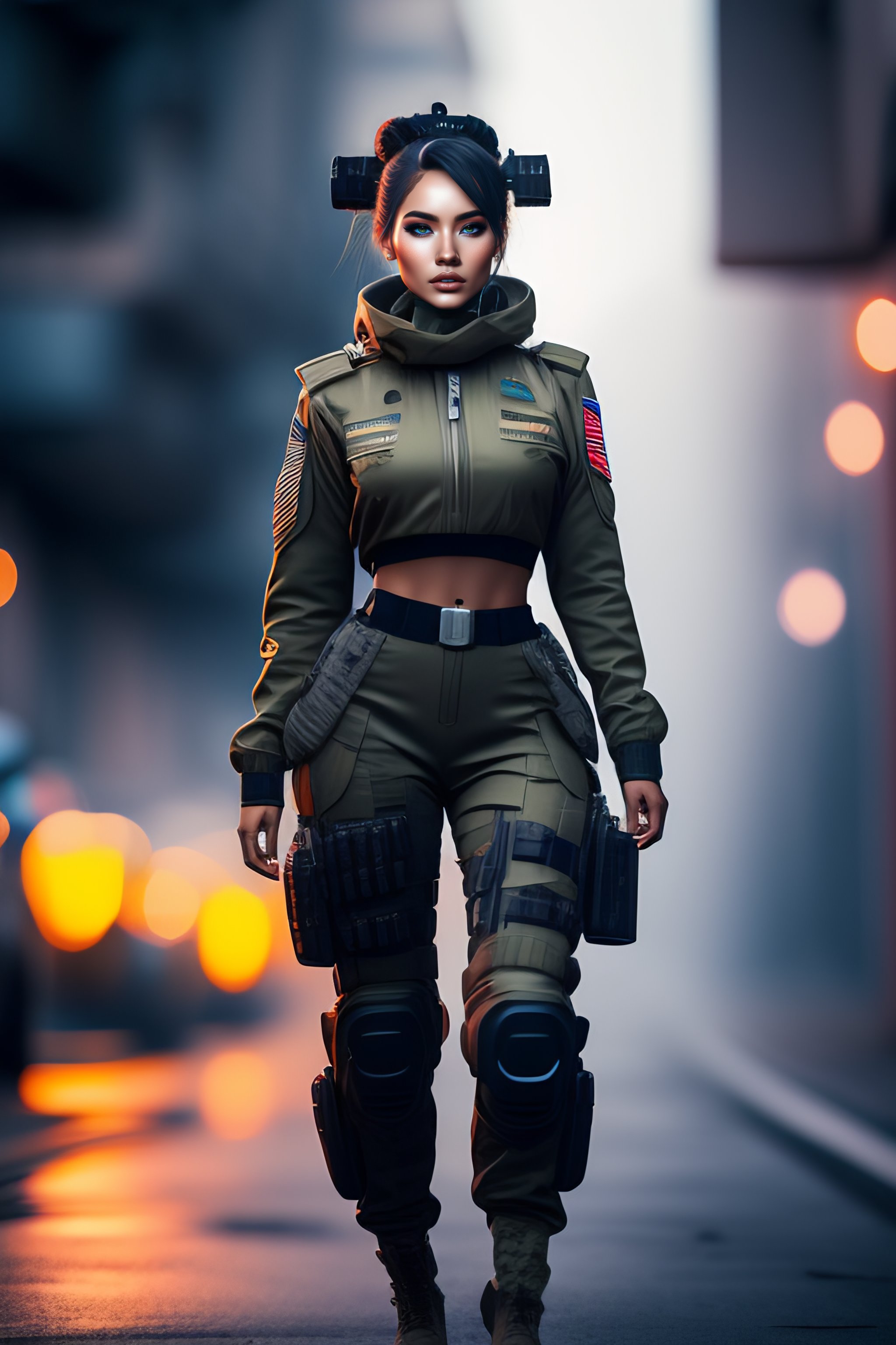 Lexica - A military girl with a machine gun walking, face robotic face ...
