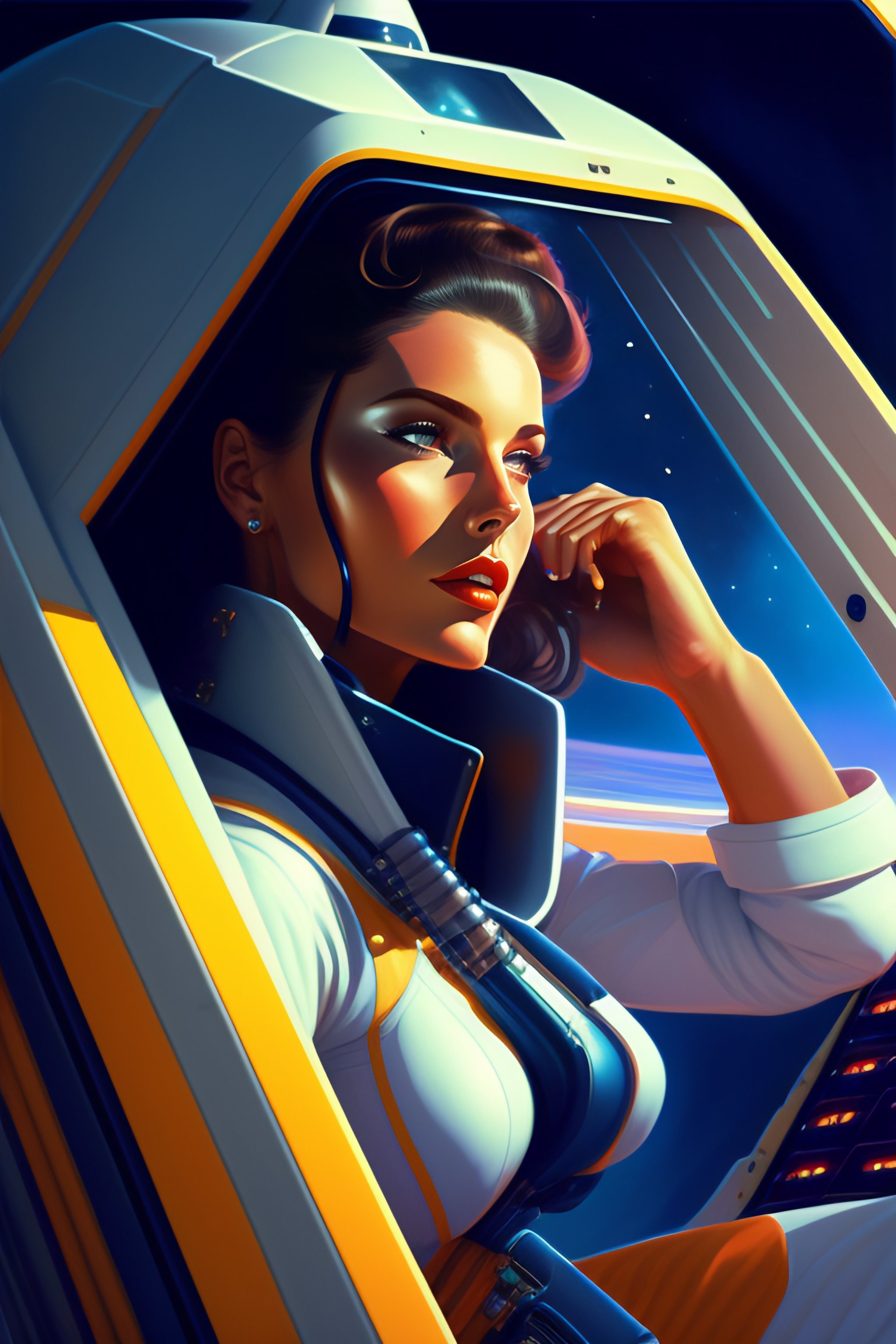 Lexica - "Woman starship captain strapped into starship cabin, lots of controls" by Syd Mead ...