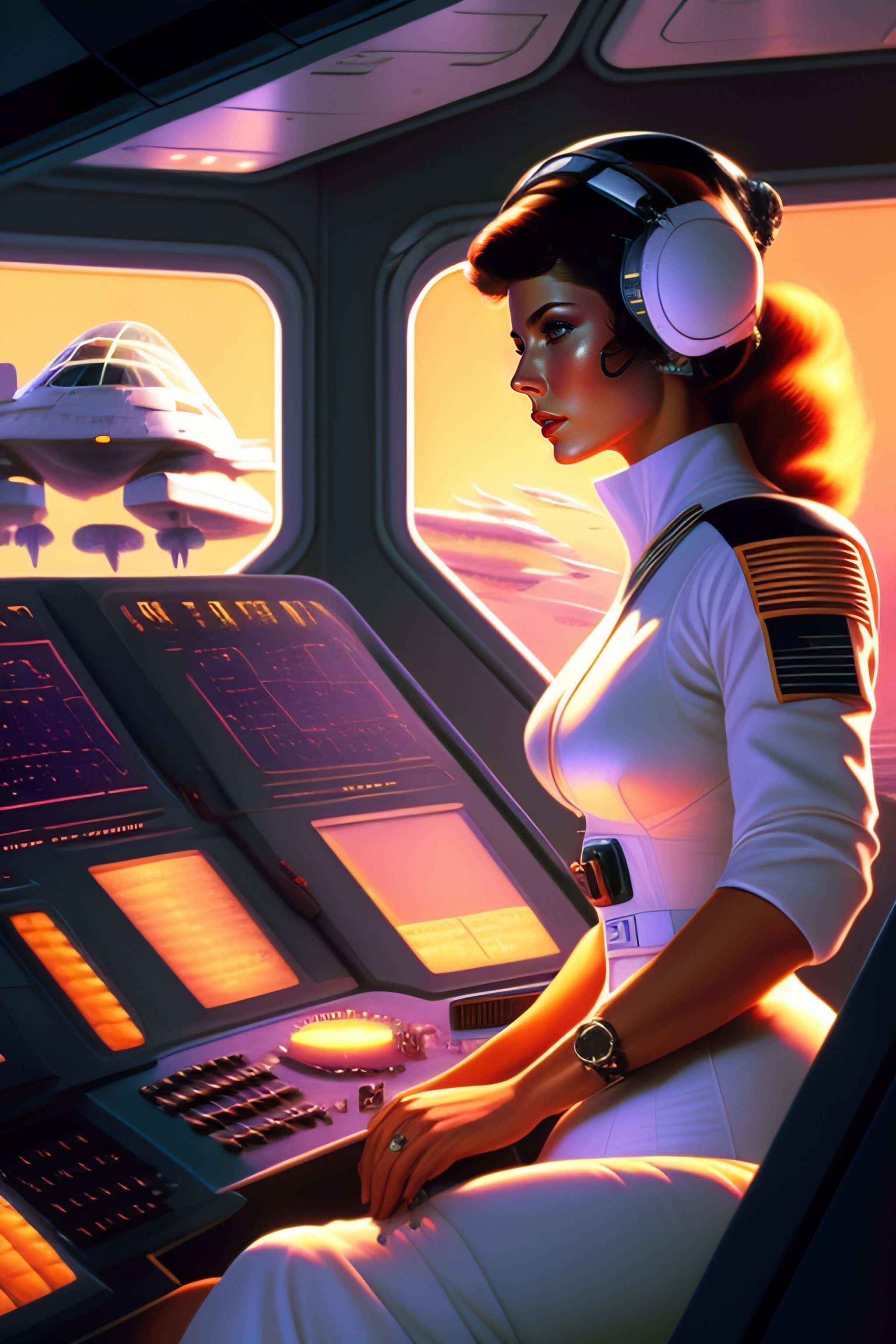 Lexica - "Woman starship captain in command of starship cockpit control ...