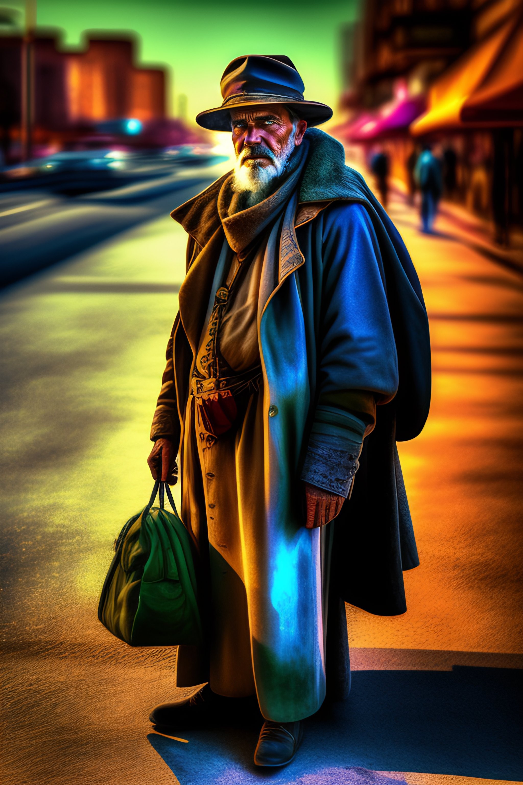 Lexica - Picture of a street beggar, deco style faded colors, bright ...