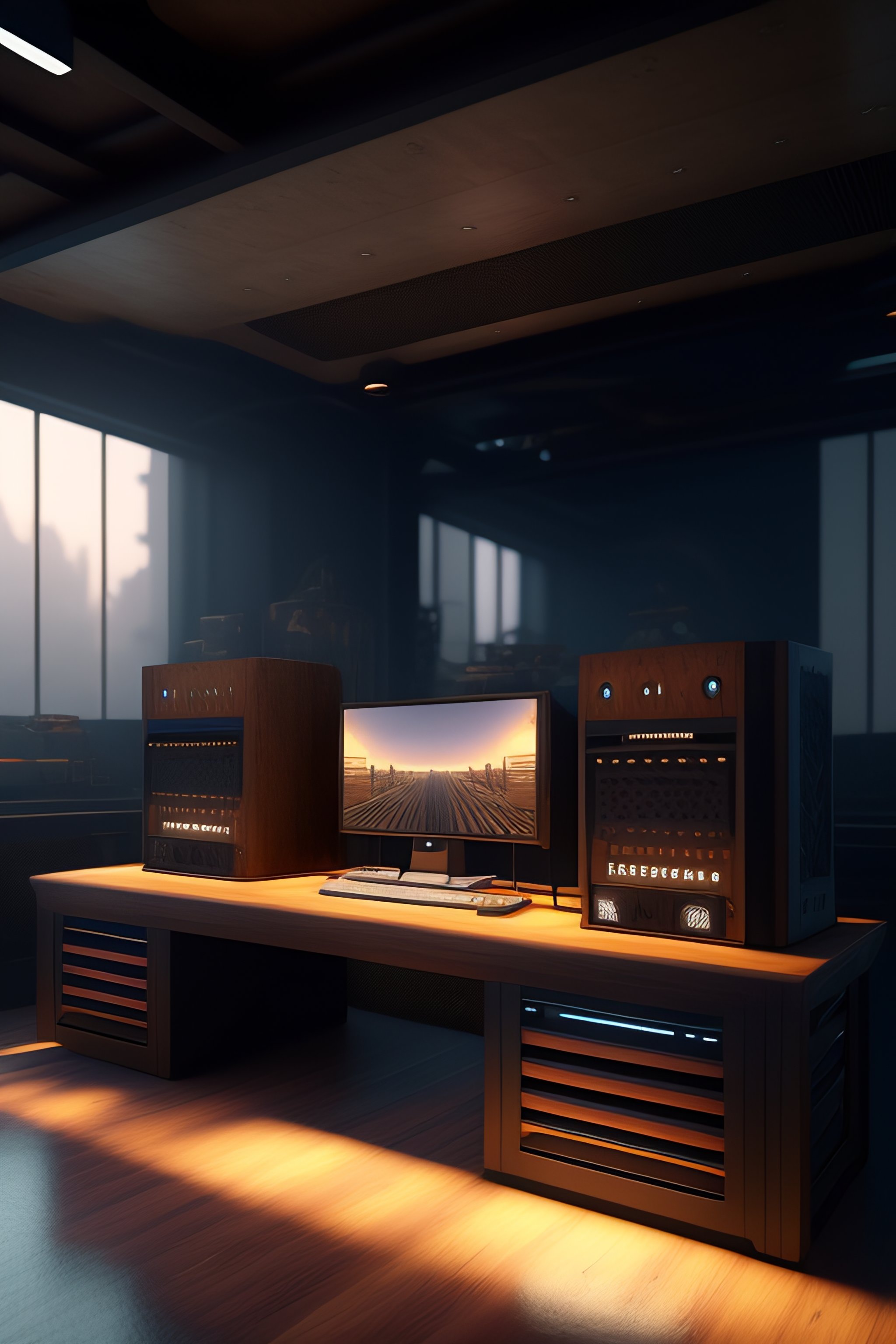 Lexica - A dark industrial wood desk with control panel on the side ...