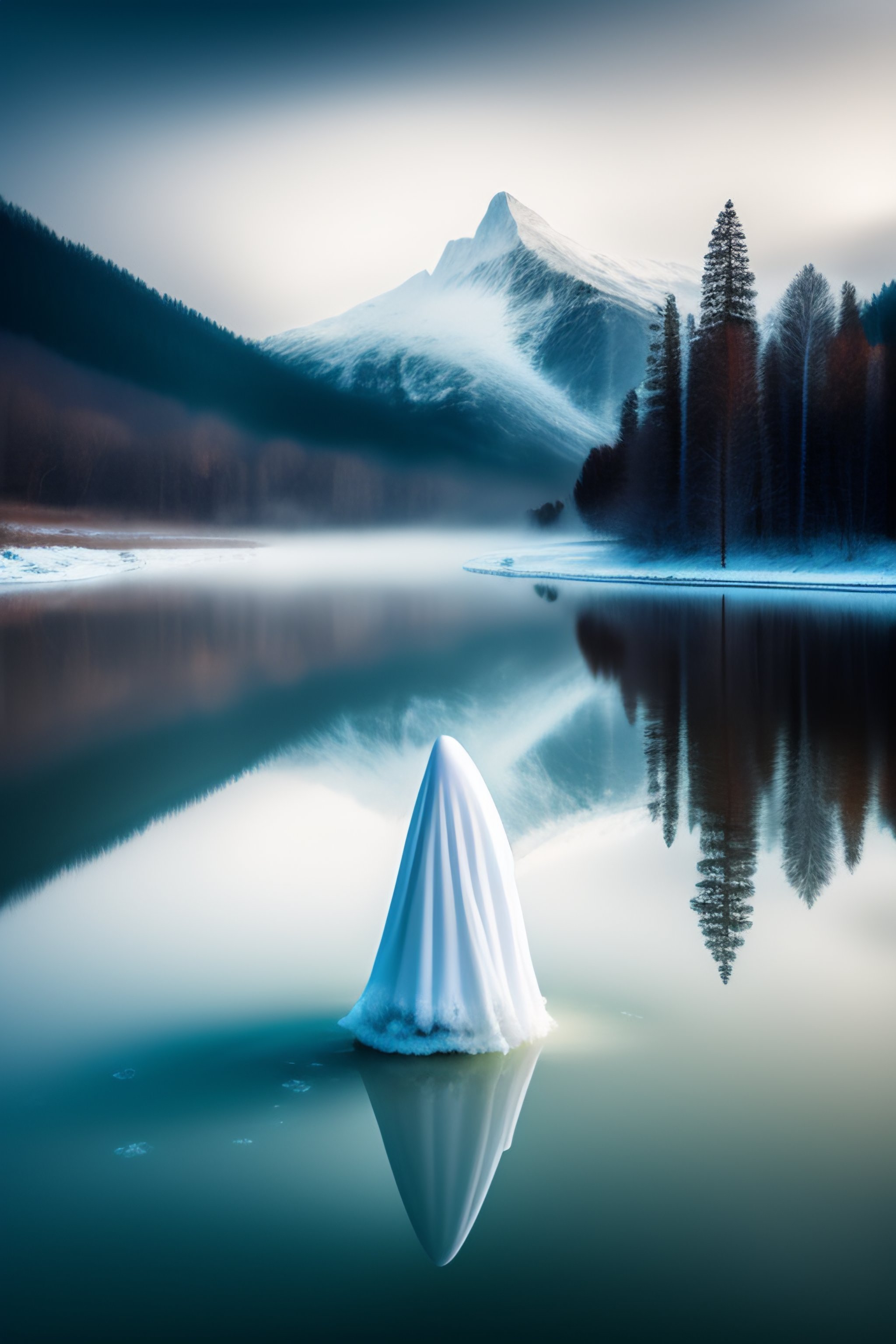 Lexica - Ominous bedsheet ghost floating above a frozen lake, oil ...