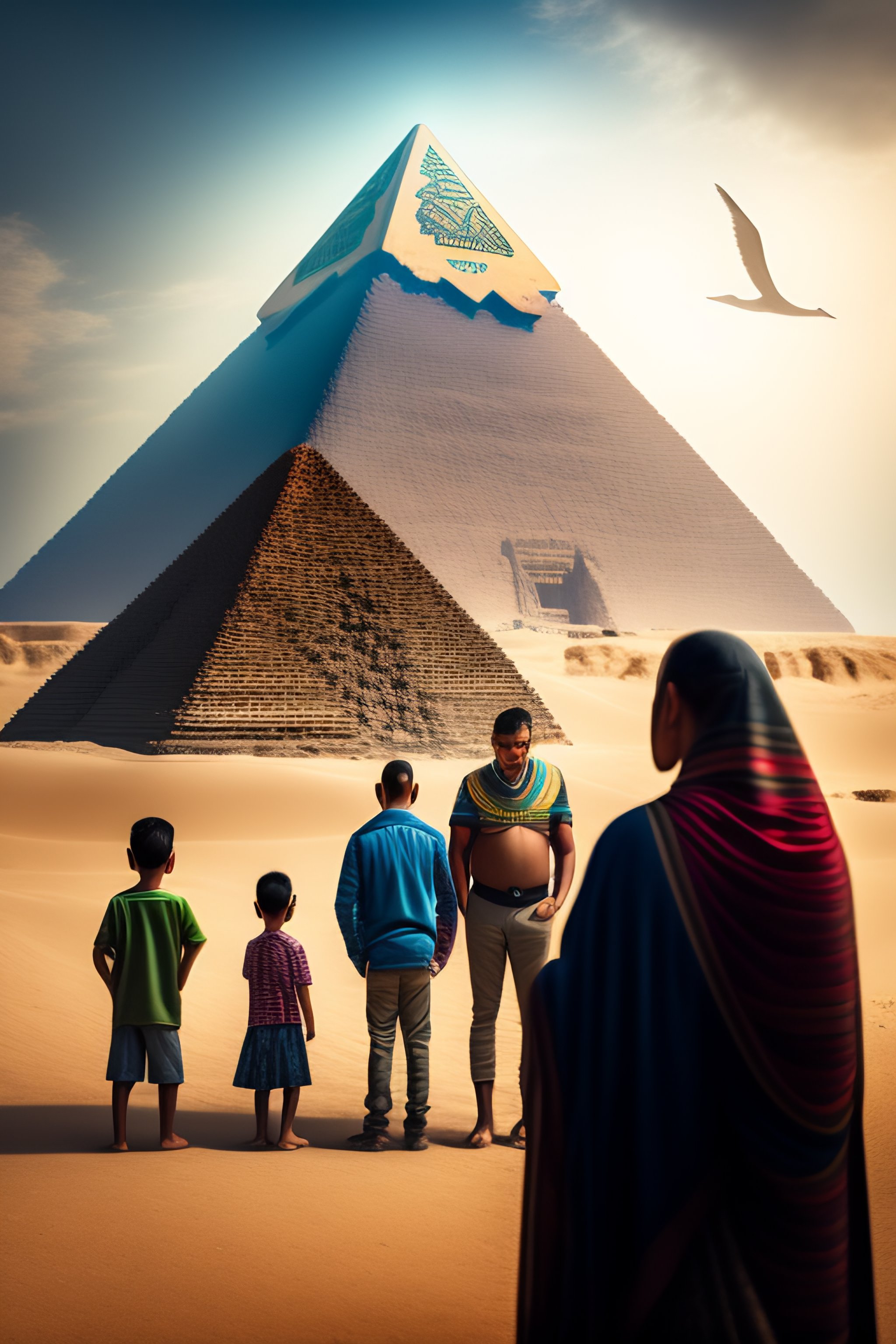 Lexica - A family arguing in front of Egyptian pyramid