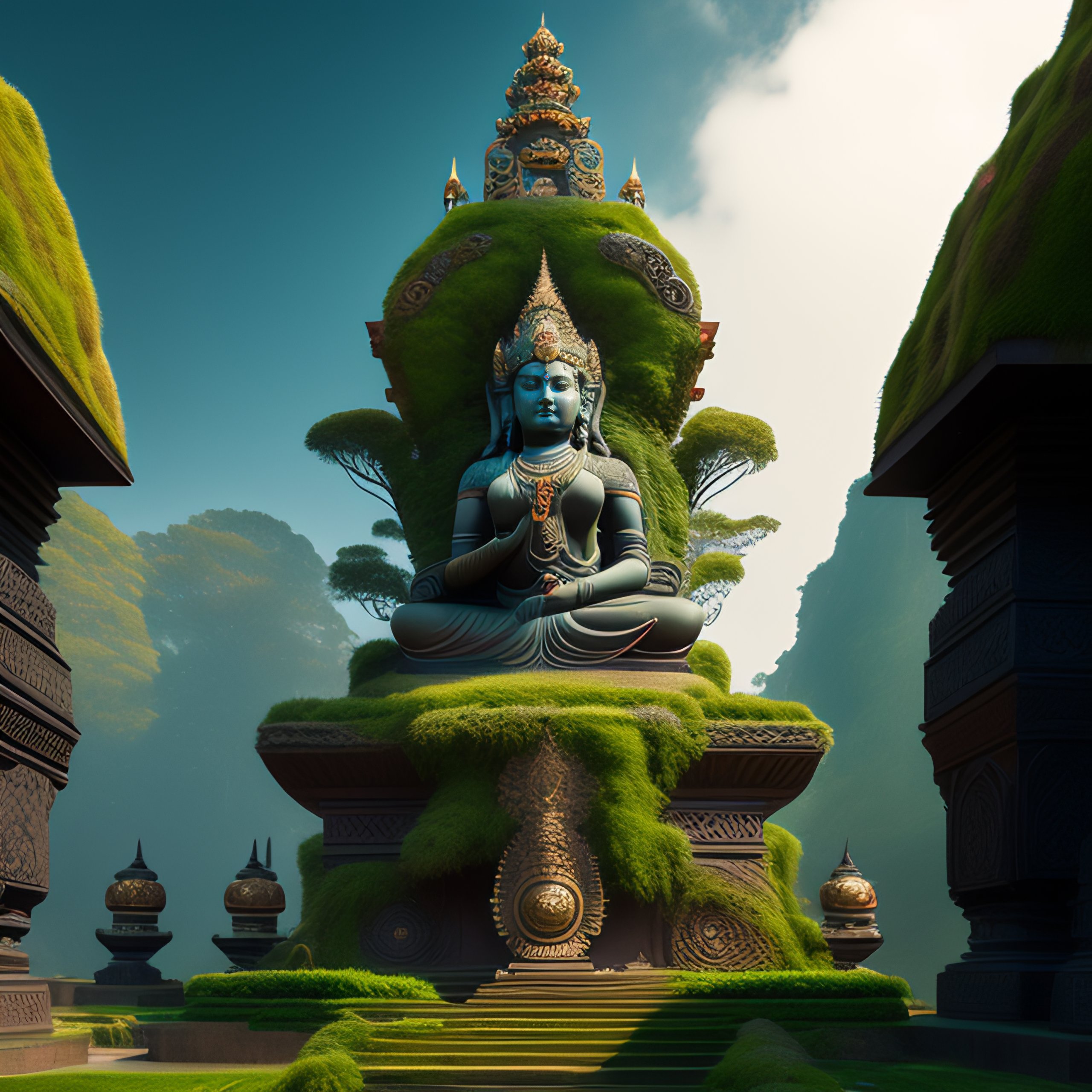 Lexica - Wide angle shot Dakshinamurti statue, intricate, mossy ...