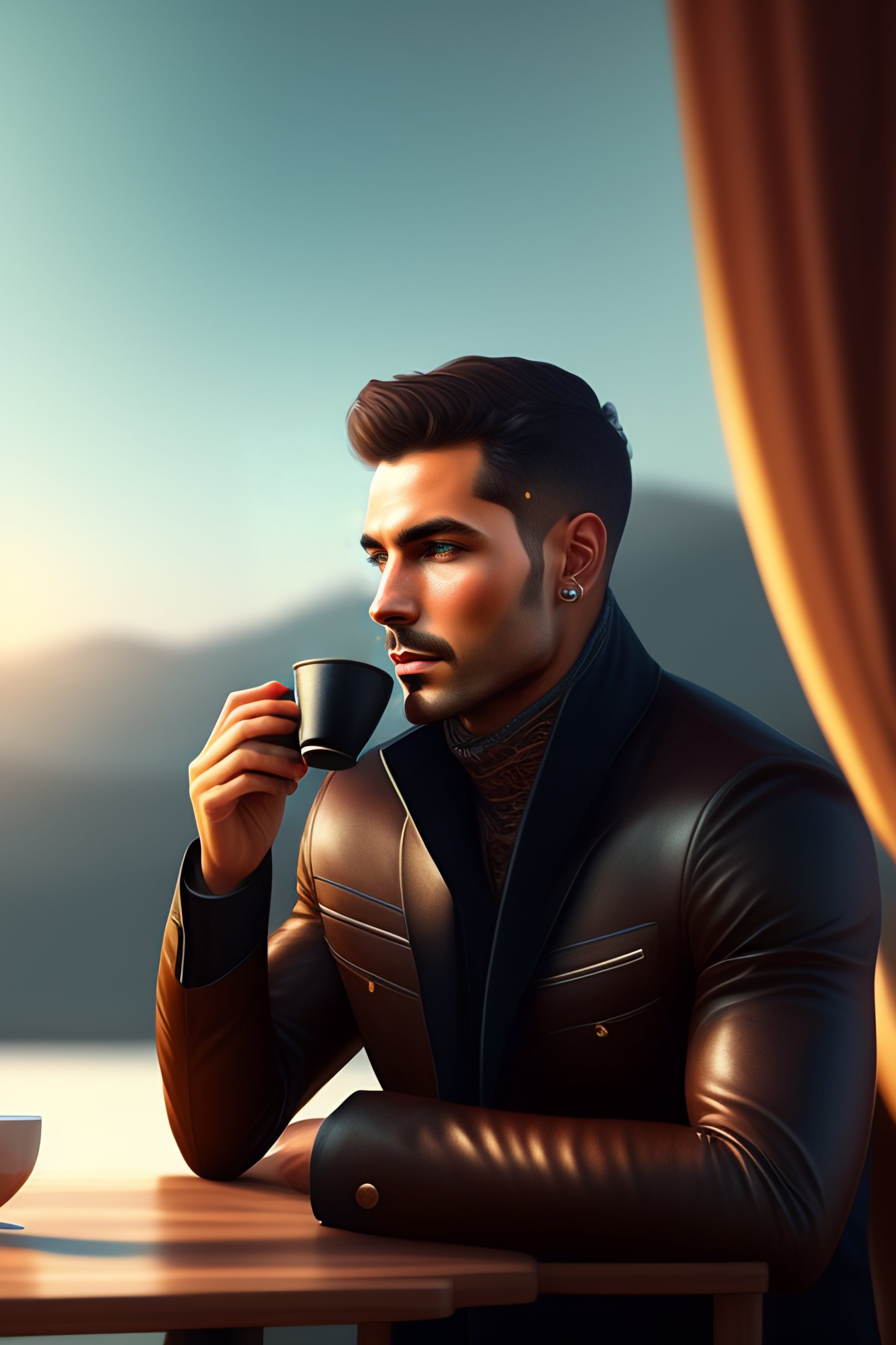 Lexica - A man drinking coffe, landscape, intricate, elegant, highly ...