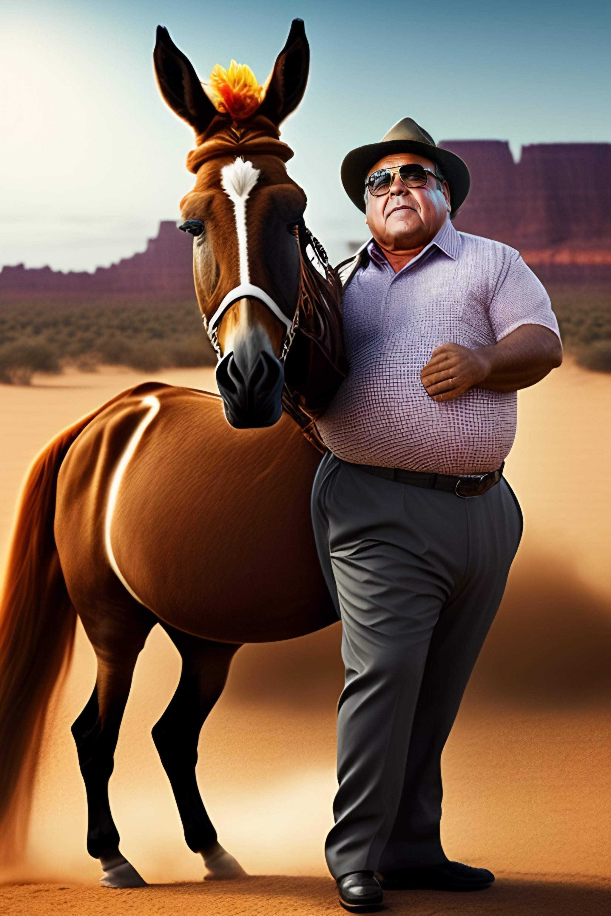 Lexica - Danny devito riding a donkey eat a big ham with pineapple on it