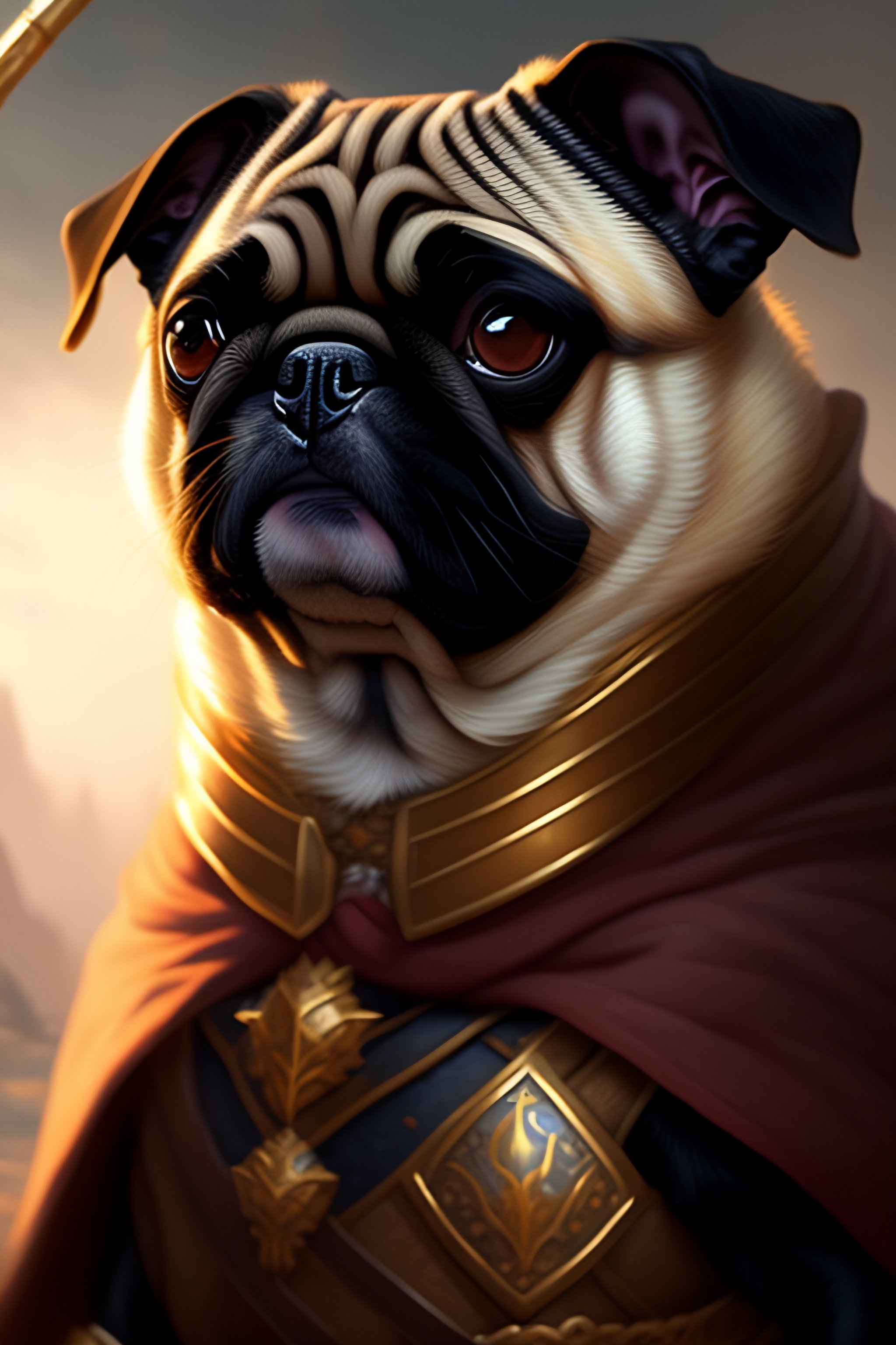 Lexica - A detailed portrait of pug in armor with long magic staff ...