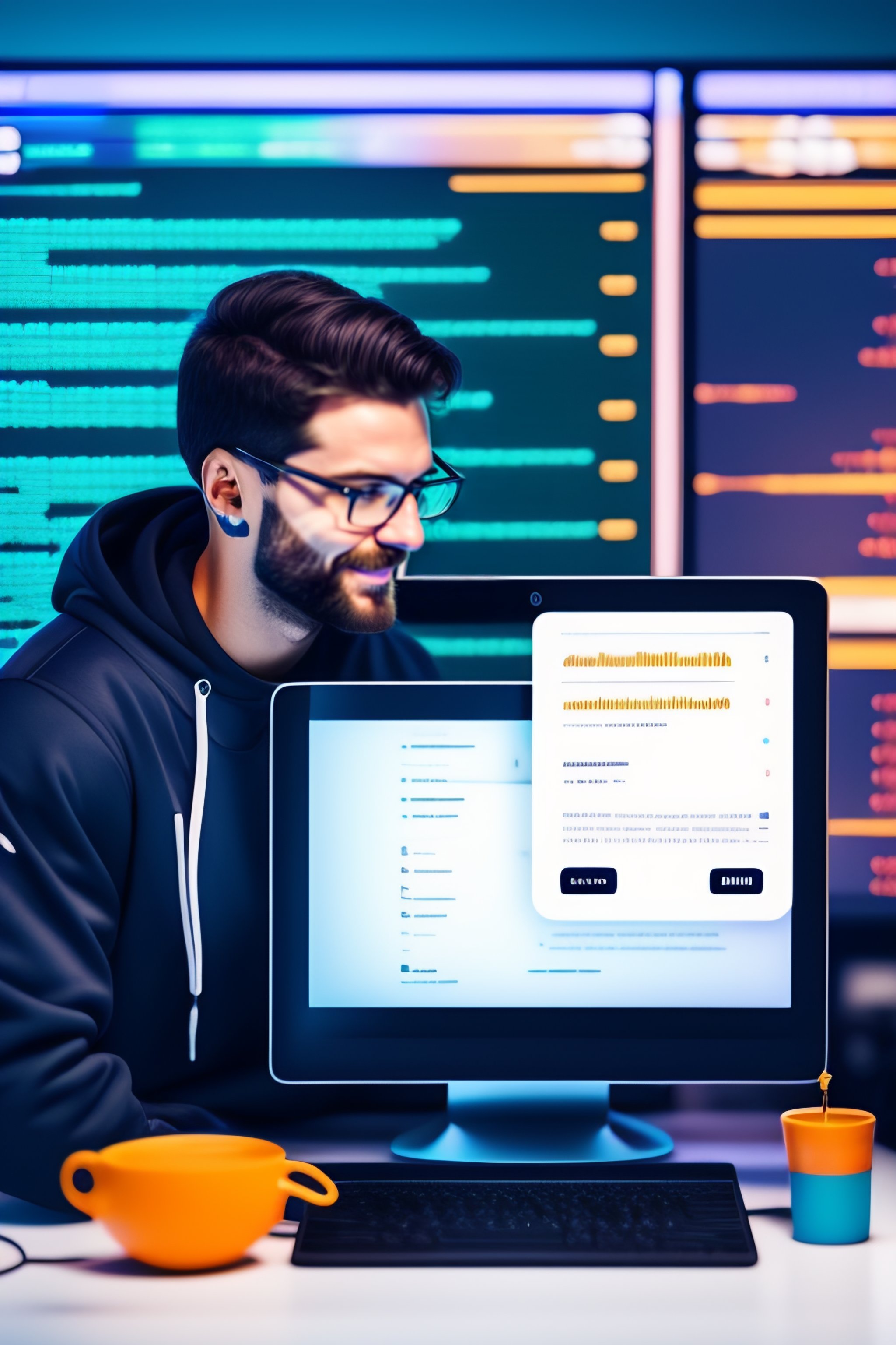 Lexica - White man in a sweatshirt, hacking code and using bitcoin,