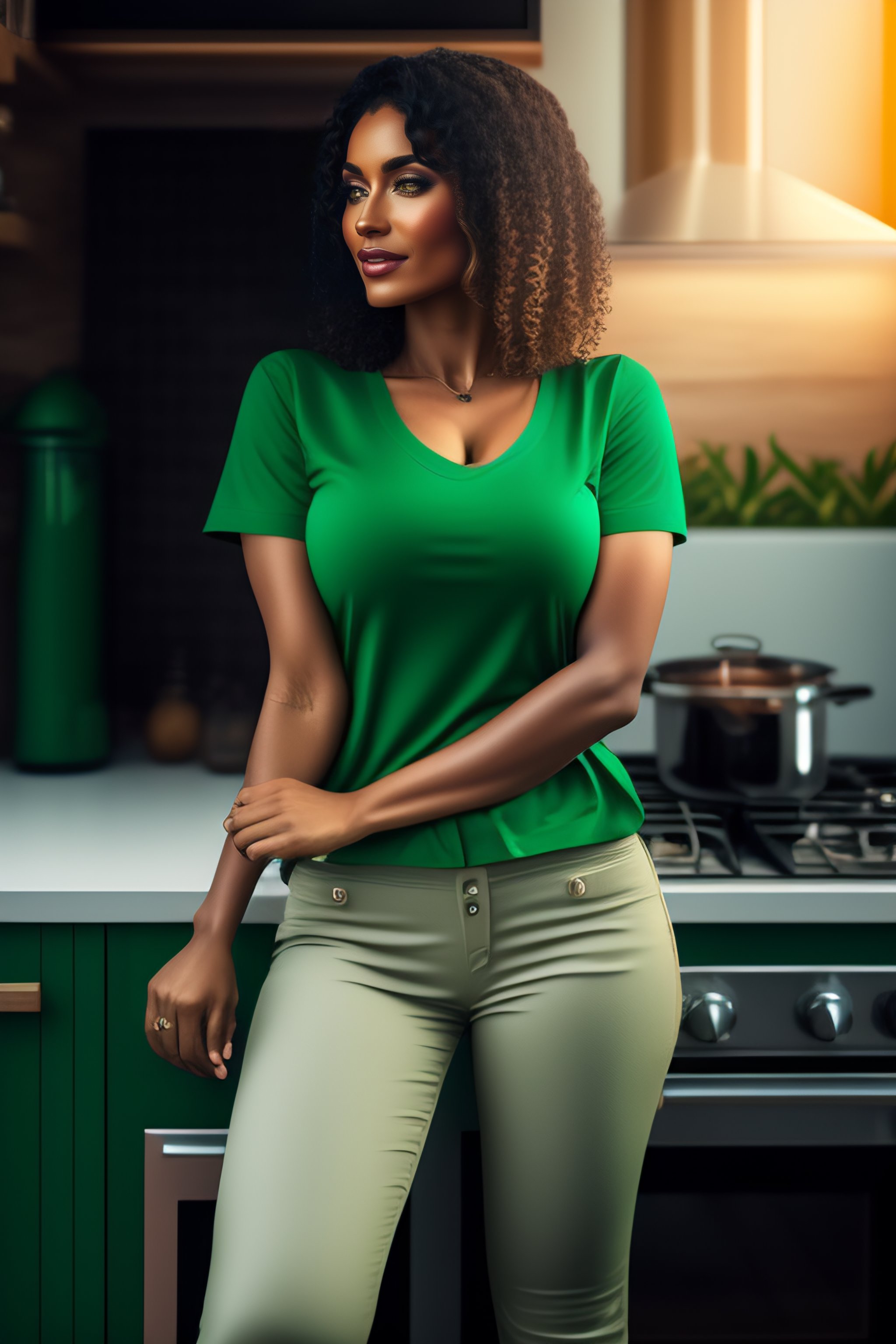 Lexica - Full body ,woman at home wearing green t-shirt realistic image