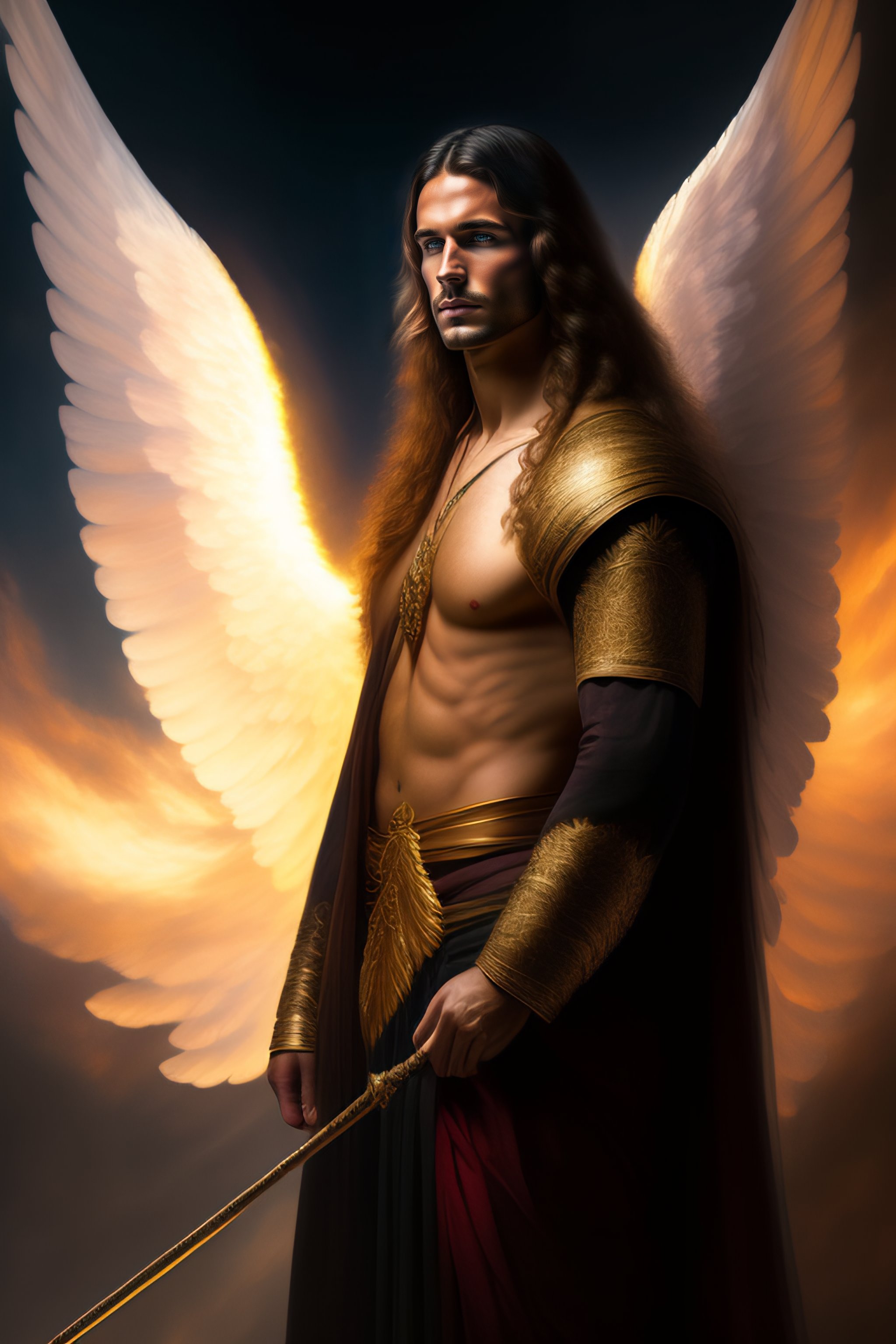 Lexica - Portrait of a male angel, majestic, long hair, 2 long wings, holding staff, fine art ...
