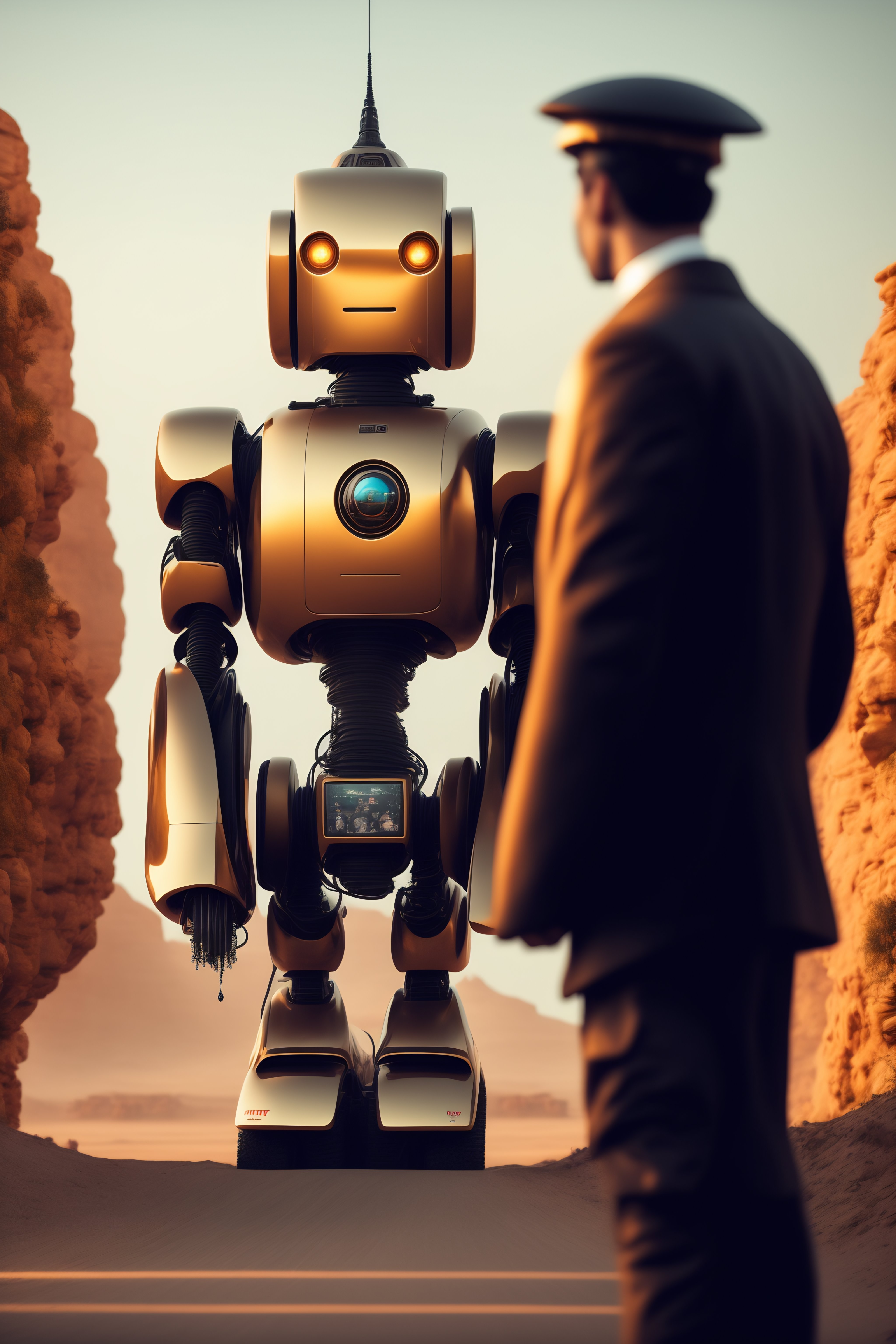 Lexica - A robot staring at a man, fantastic illustration