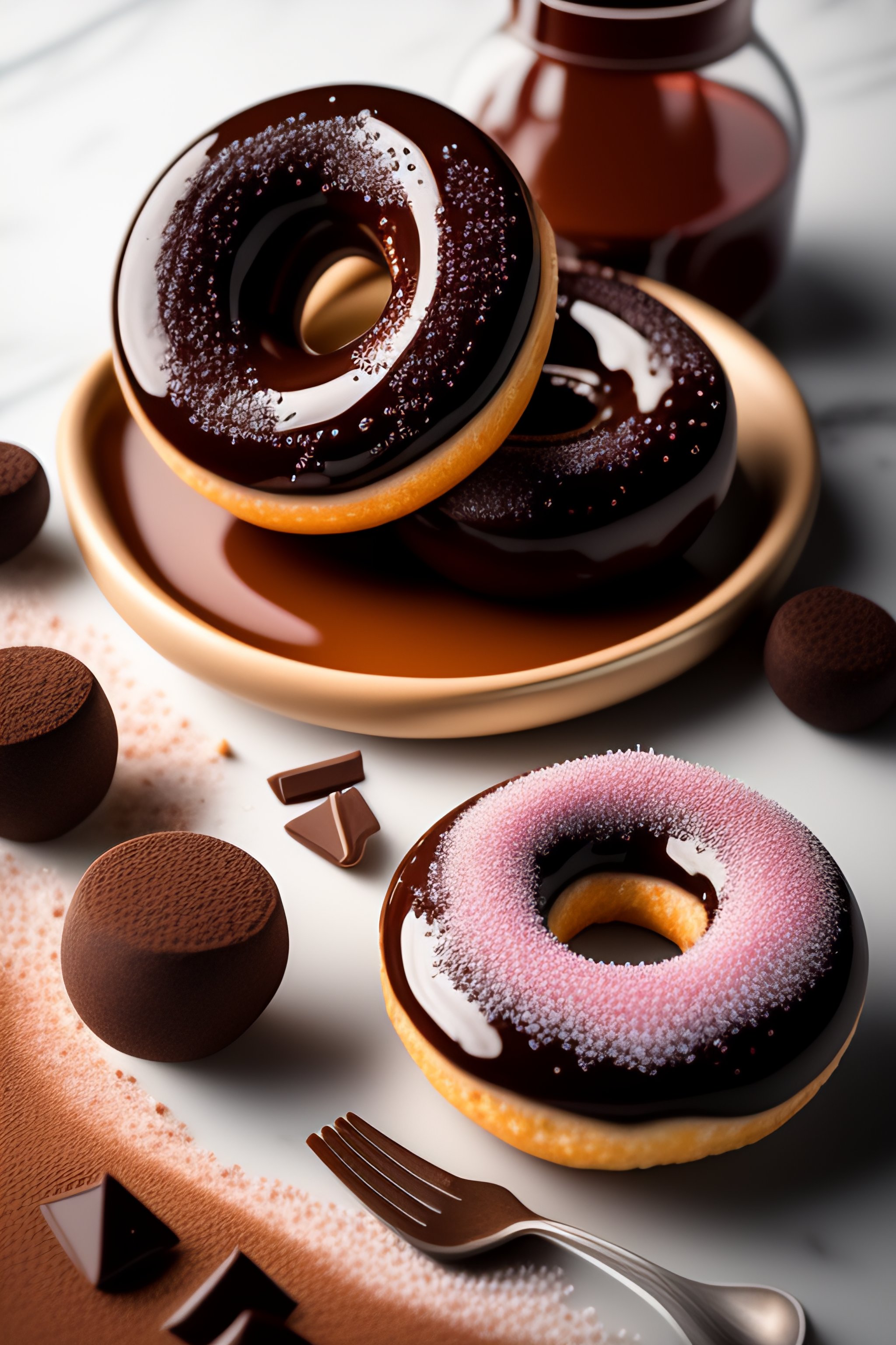 Lexica - Realistic detailed chocolate sprinkled donuts on a white plate ...
