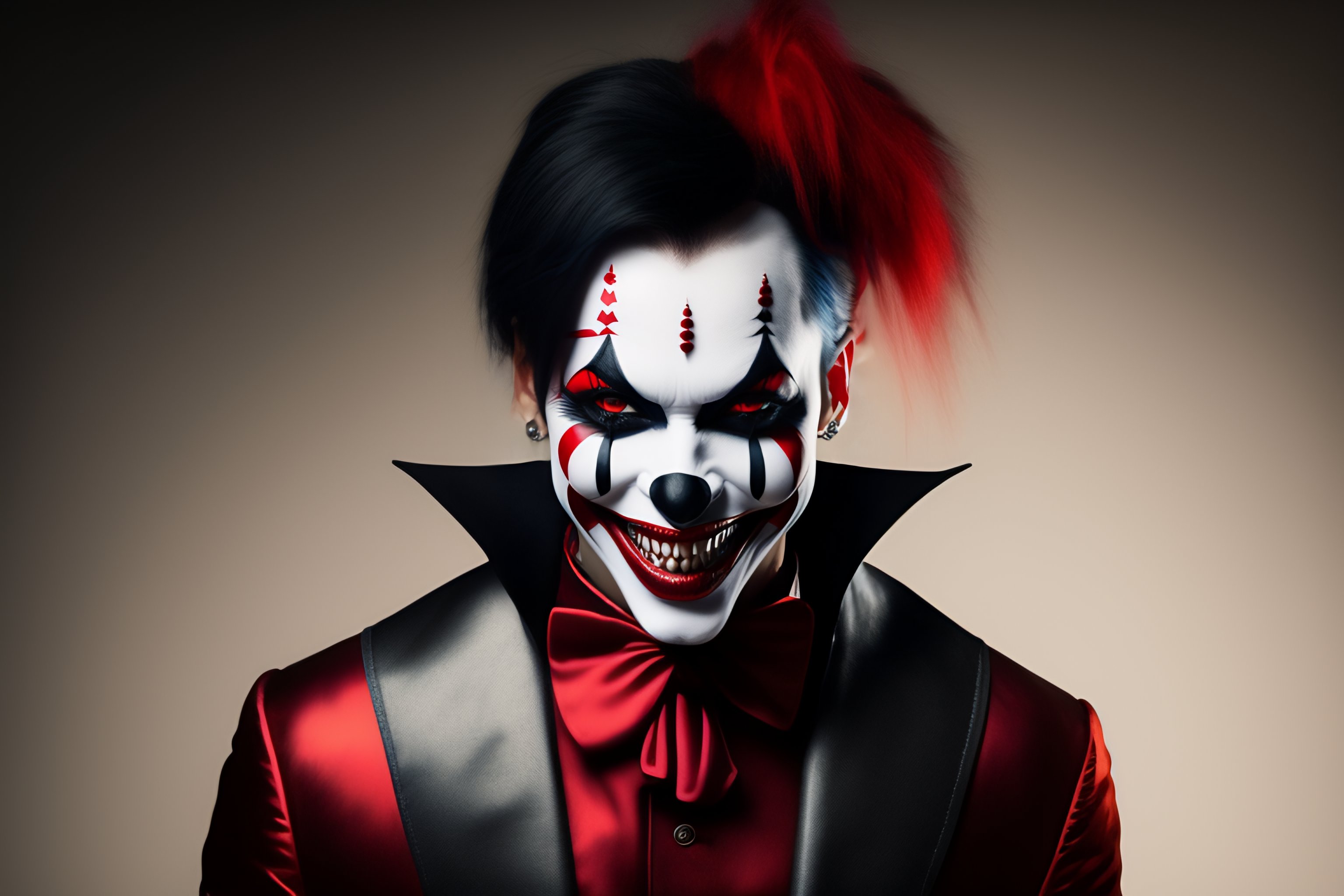 Lexica - Thin and chic terrifying clown with red eyes and black hair ...