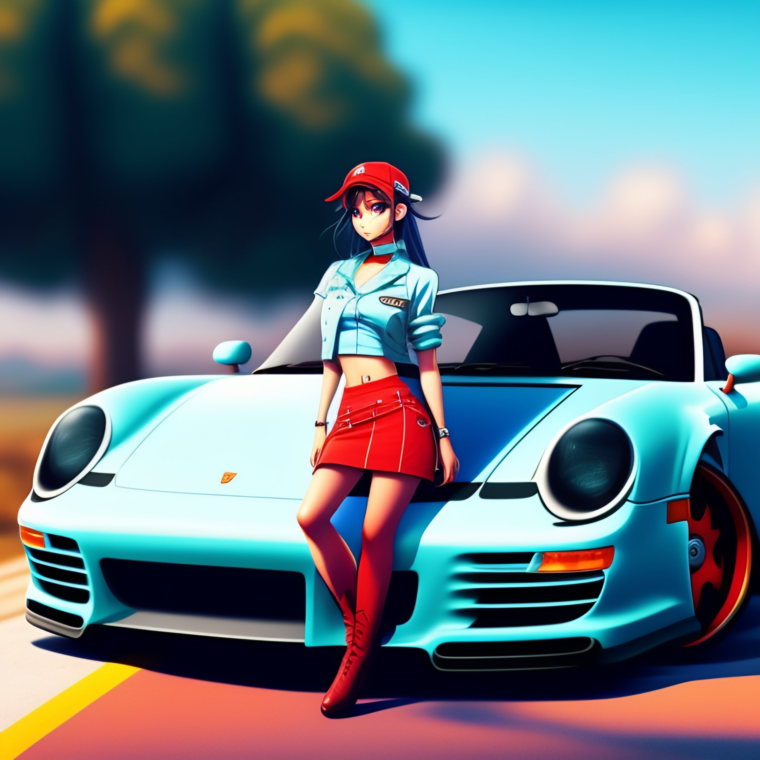 Lexica - A light blue porsche with a girl in a red vest sitting on the ...
