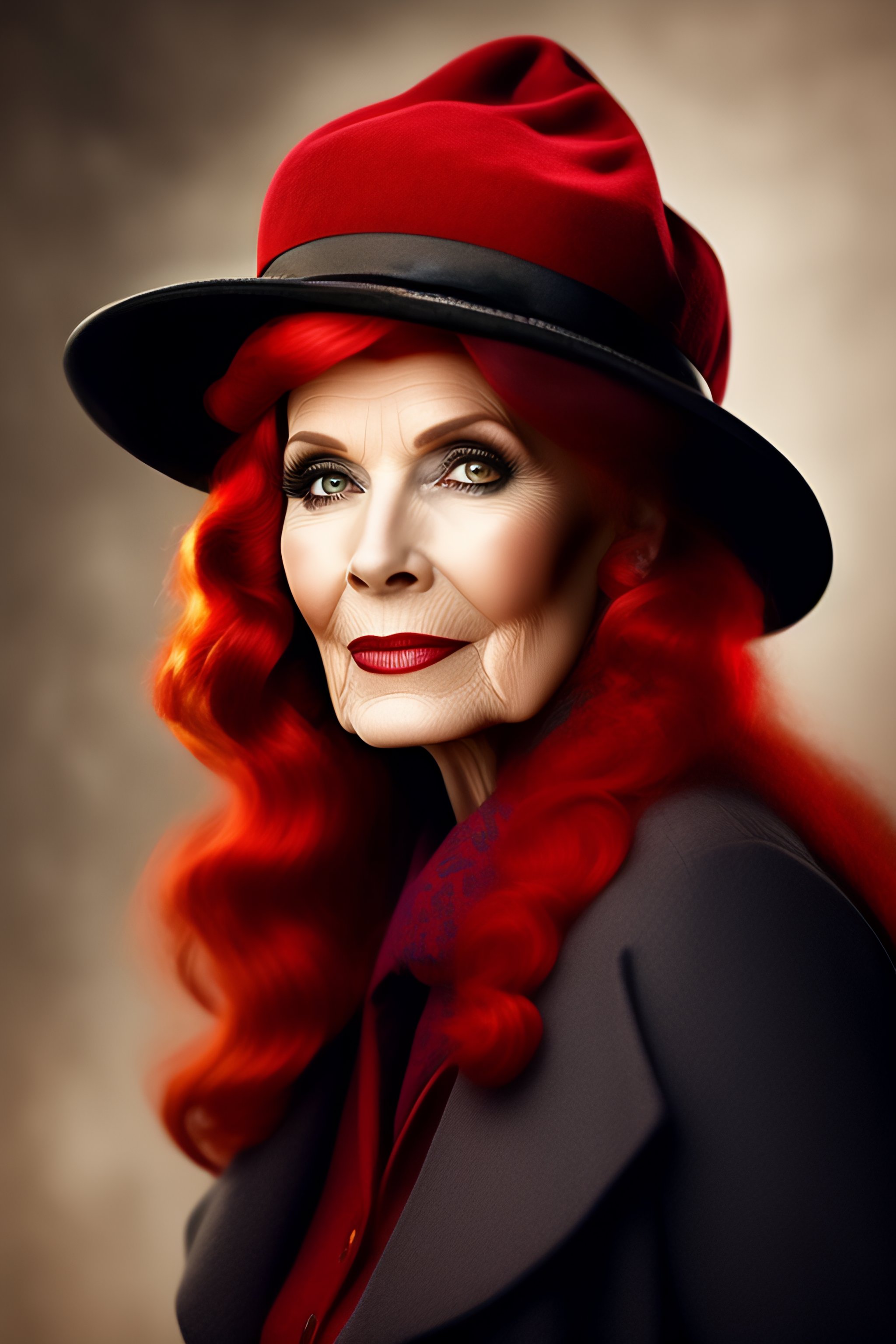 Lexica - Ugly old witch with red hair and a big gray hat