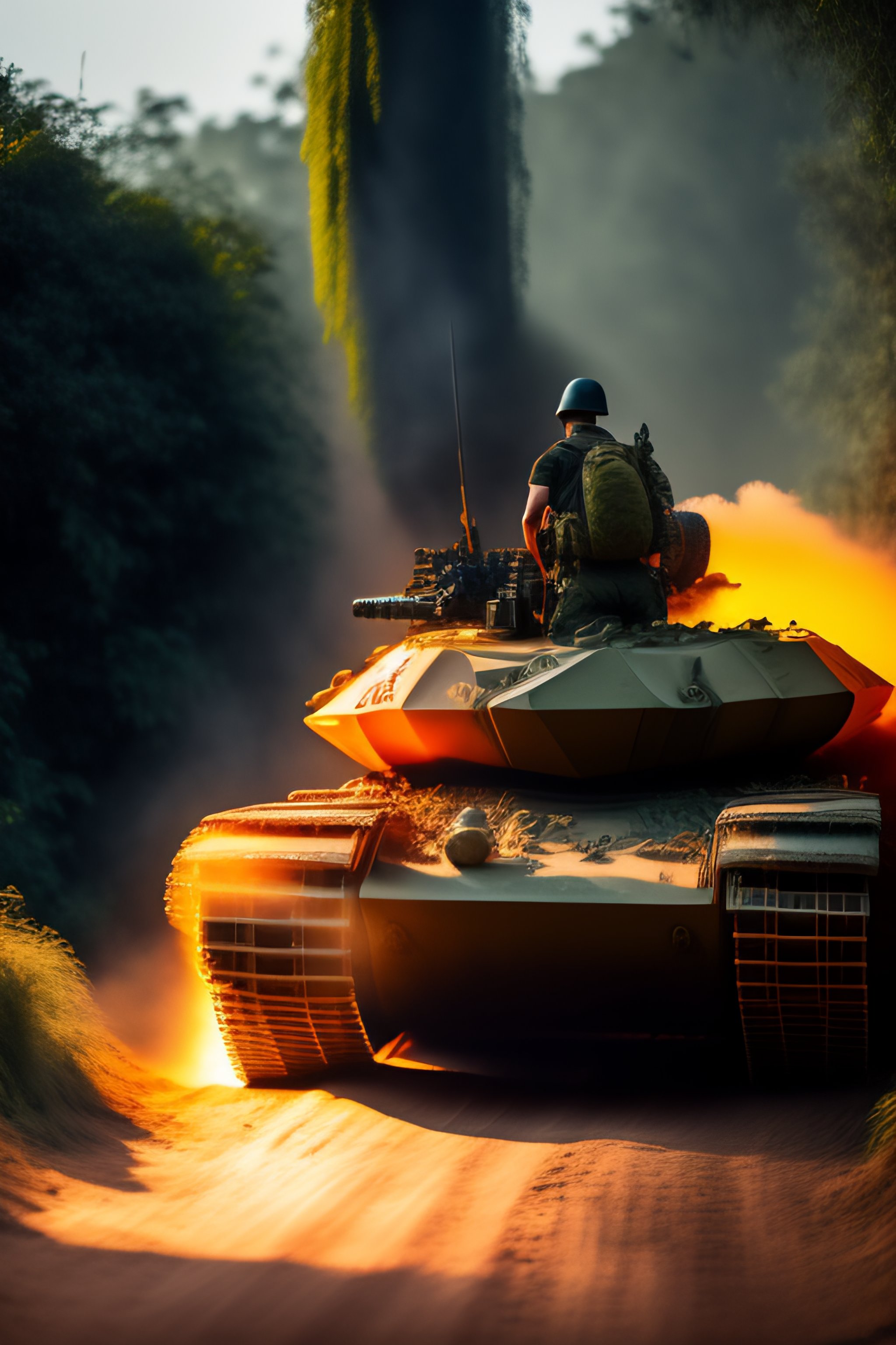 Lexica - Action shot of john rambo on a tank in a jungle, cinematic ...